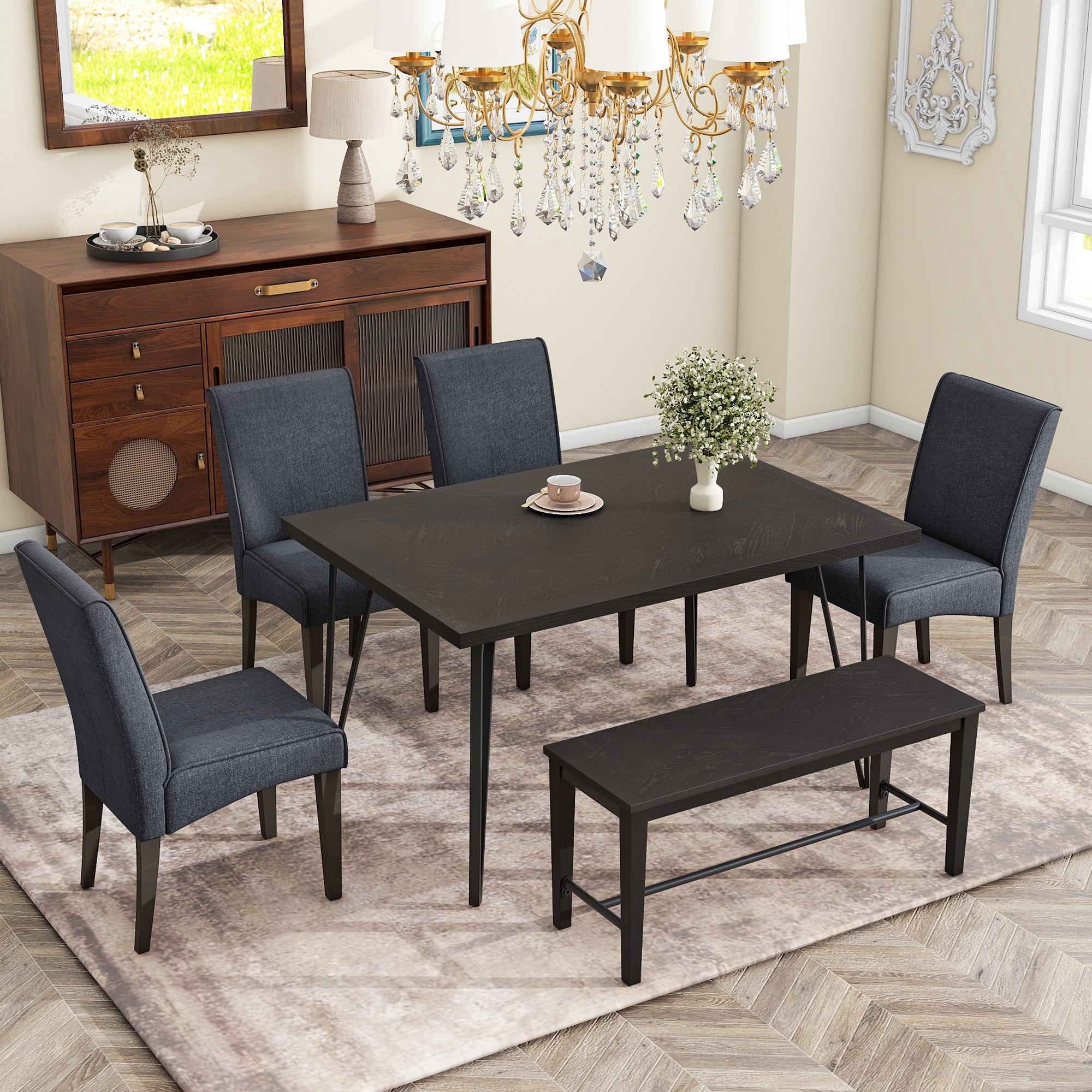 Modern 6-Piece Dining Table Set for 6, 52" L Rectangular Table with V ...
