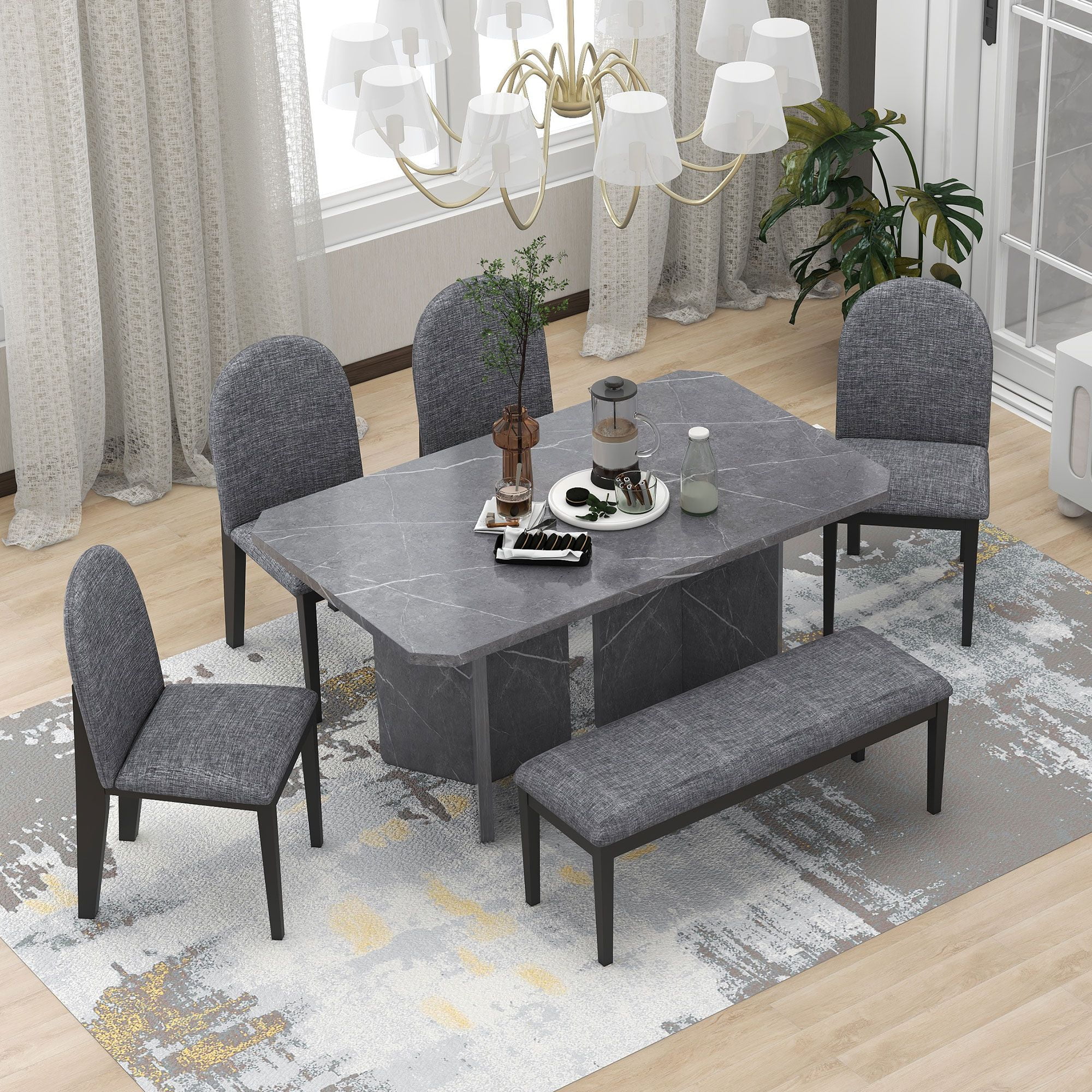 Modern 6-Piece Dining Table Set for 6, 60" L Rectangular Faux Marble ...