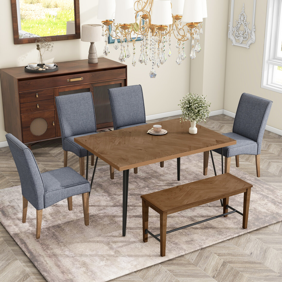 Modern 6-Piece Dining Table Set for 6,Dining Room Table with V-Shape ...
