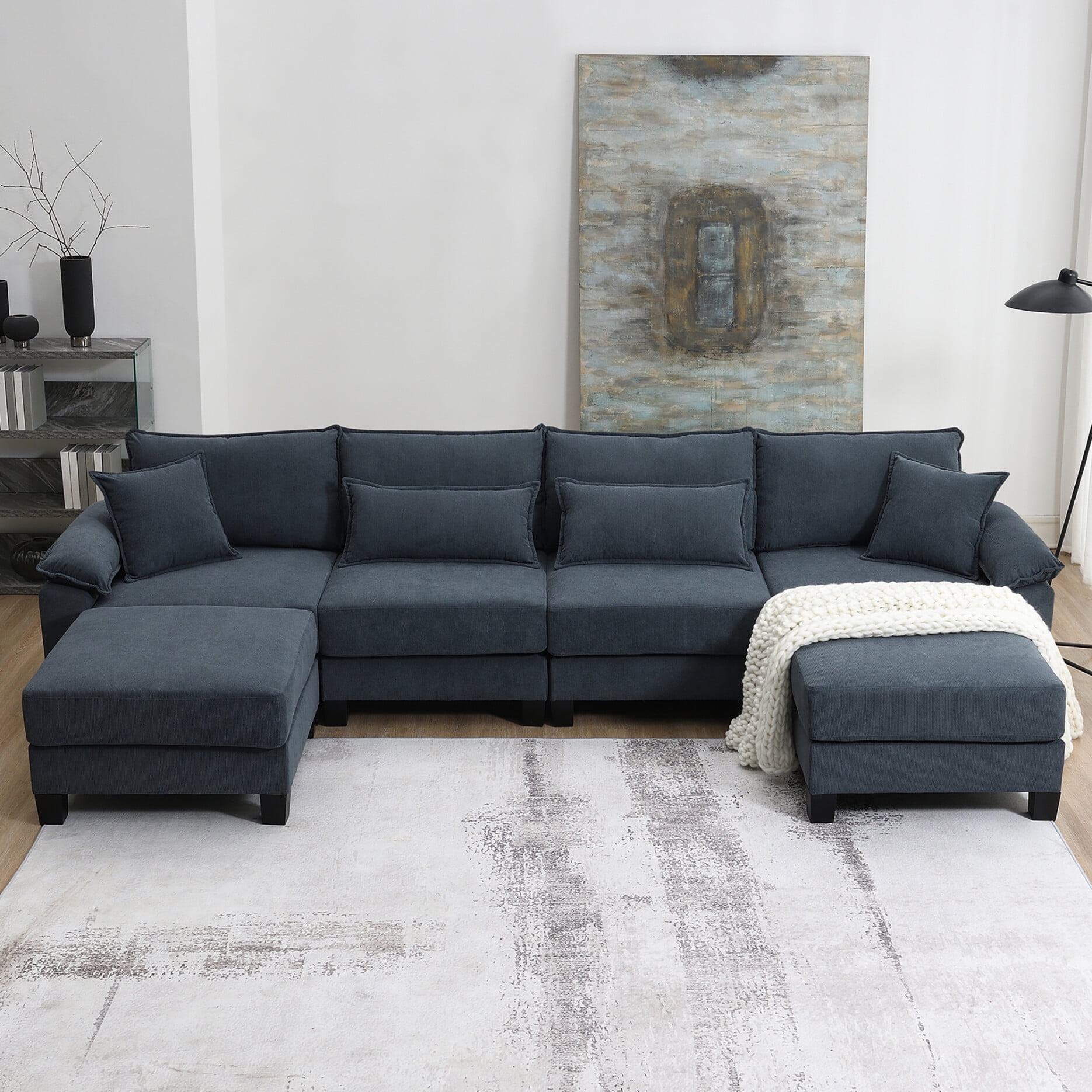 Modern 6 Seat U-shaped Modular Sofa, Corduroy Fabric with Wood Legs and ...