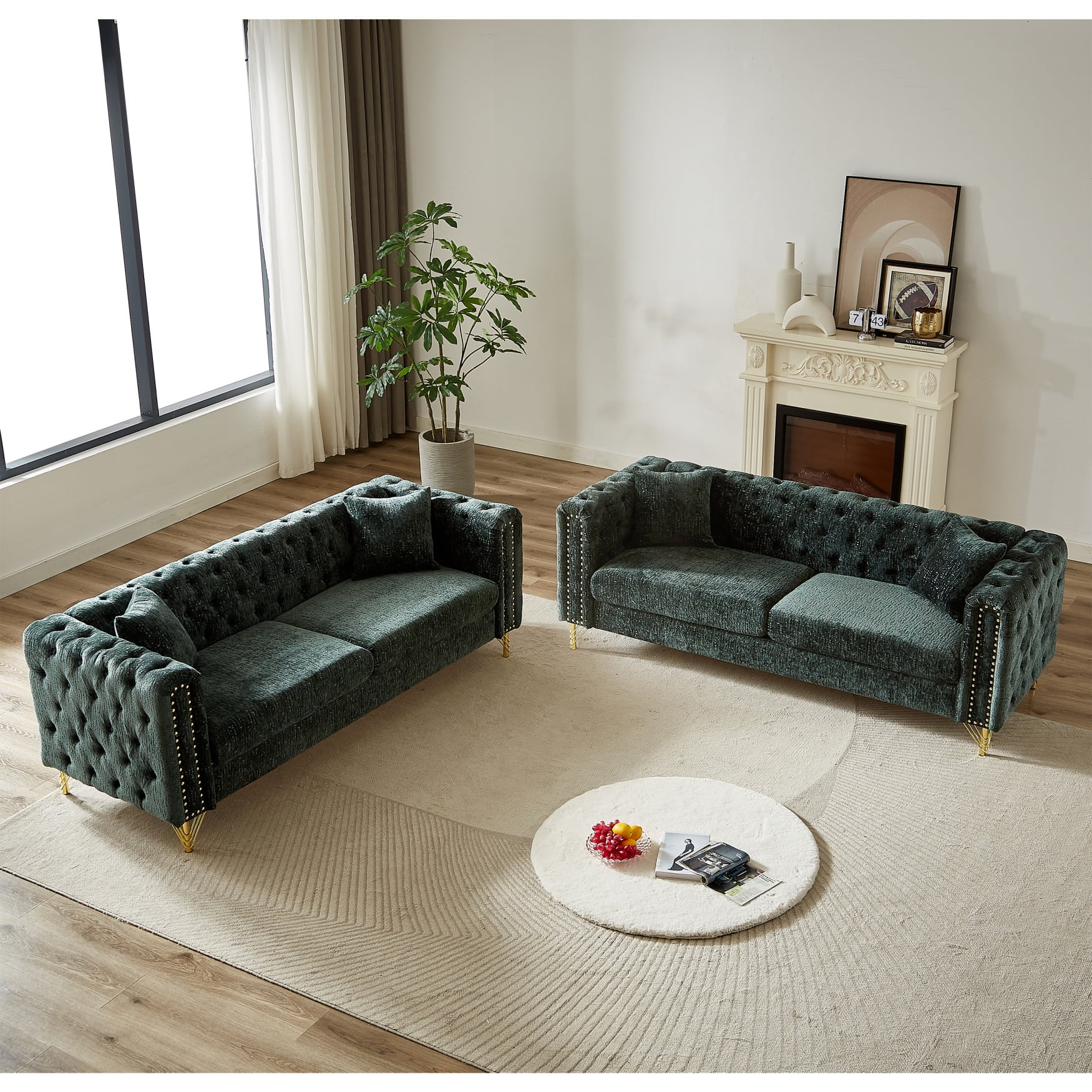 Modern 6-Seater Sectional Sofa, Pull Buckle Design Sofa with Gold Metal ...