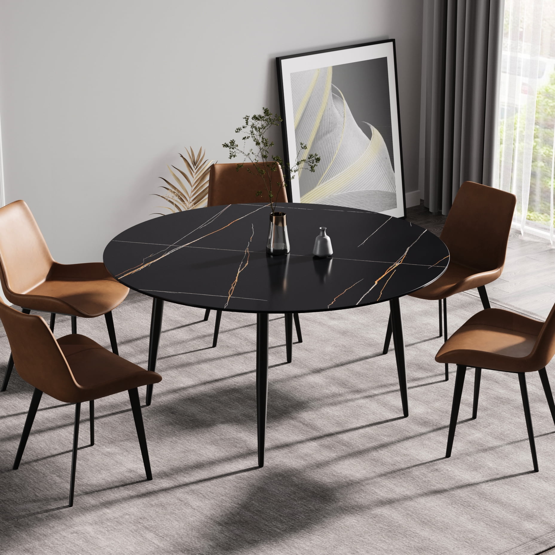 Modern 6 Table, 60.29" Sintered Stone Top, Black Metal Base, Surface ...
