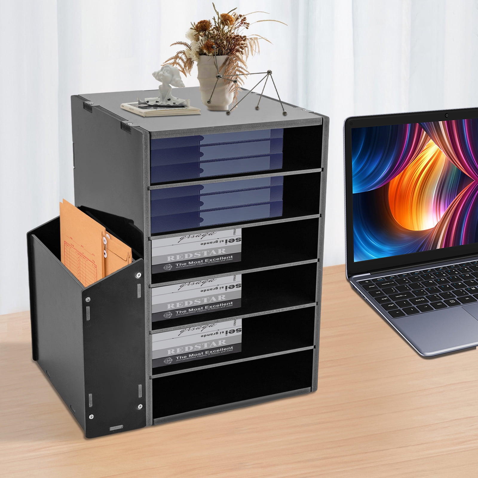 Modern 6-Tier Desktop File Organizer with Side Storage Cabinet, Anti ...