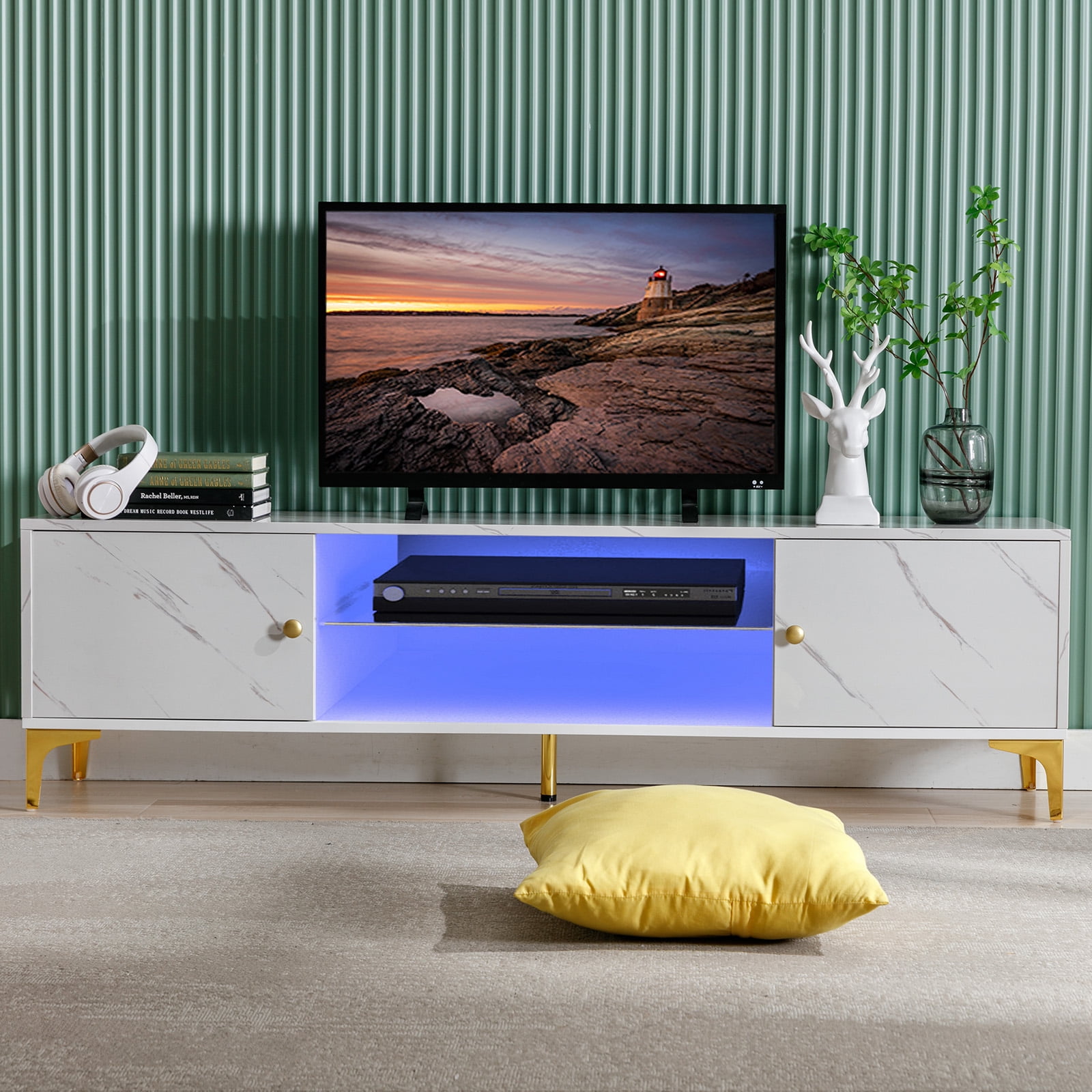 Modern 62.3" White Marble Veneer LED TV Stand Entertainment Center with ...