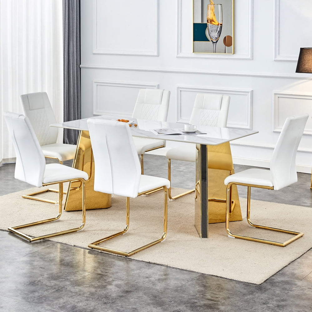 Modern 63" Rectangular Marble Top Dining Table Set for 6, Golden Legs ...