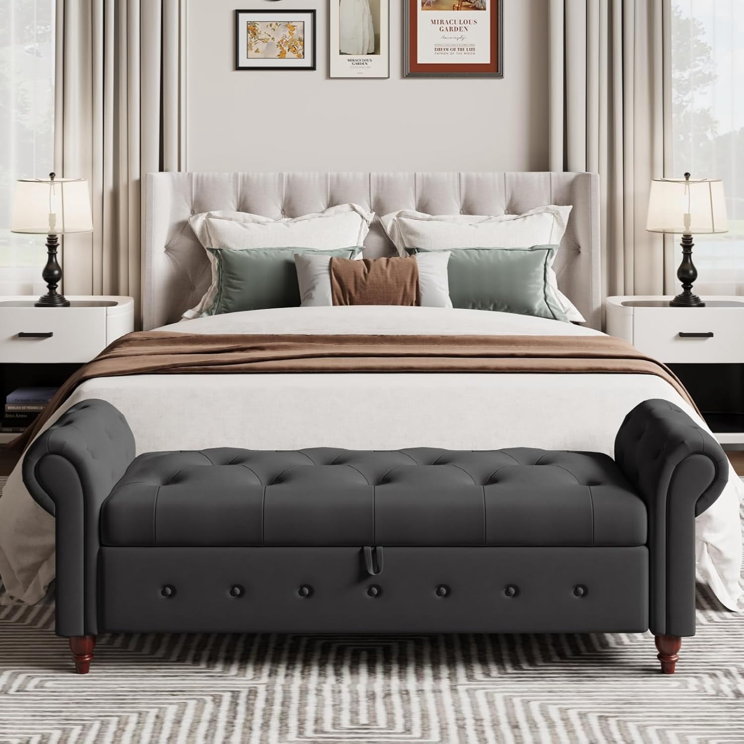 Modern 63'' Storage Ottoman Bench, Upholstered End Bed Bench with ...