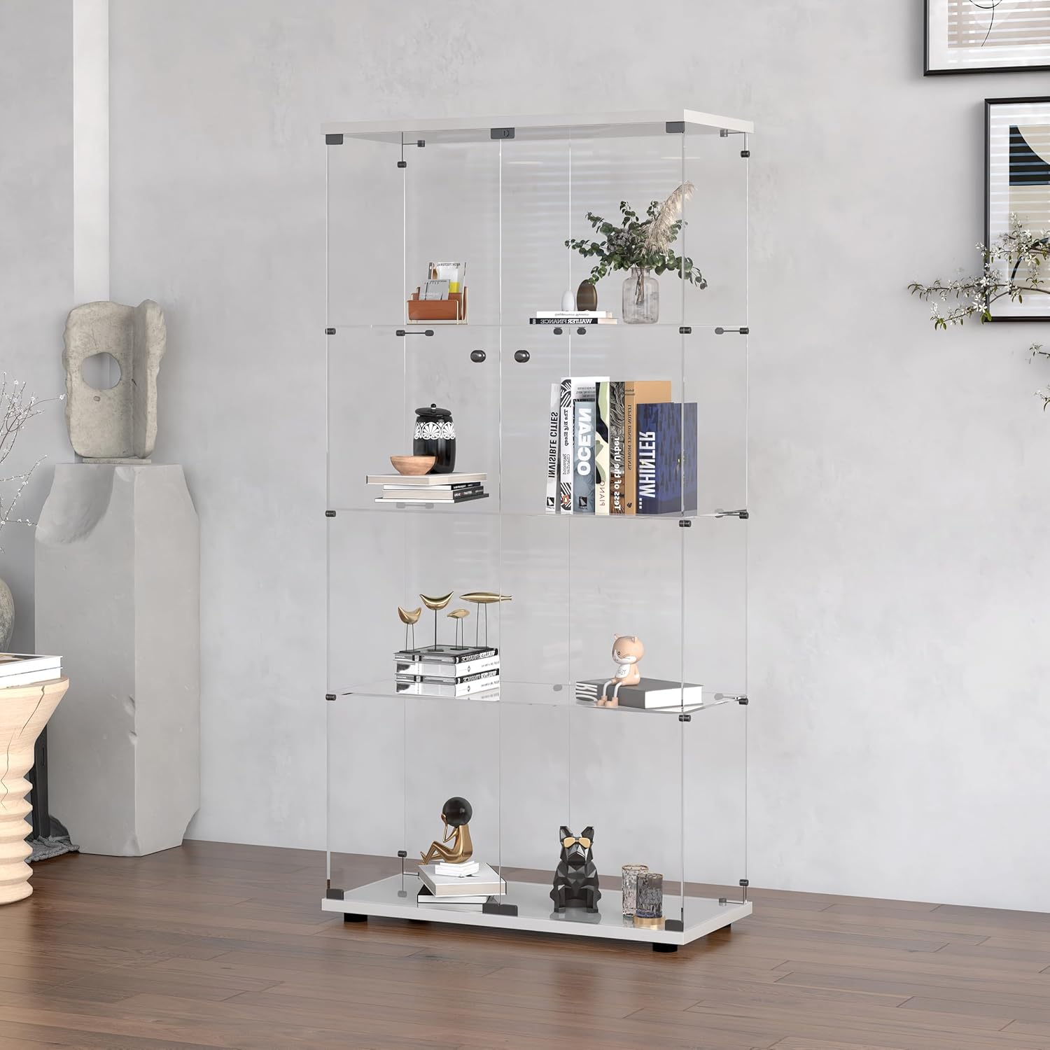 Modern 64.5'' Contemporary 4-Shelf Case Glass Display Cabinet in Clear ...