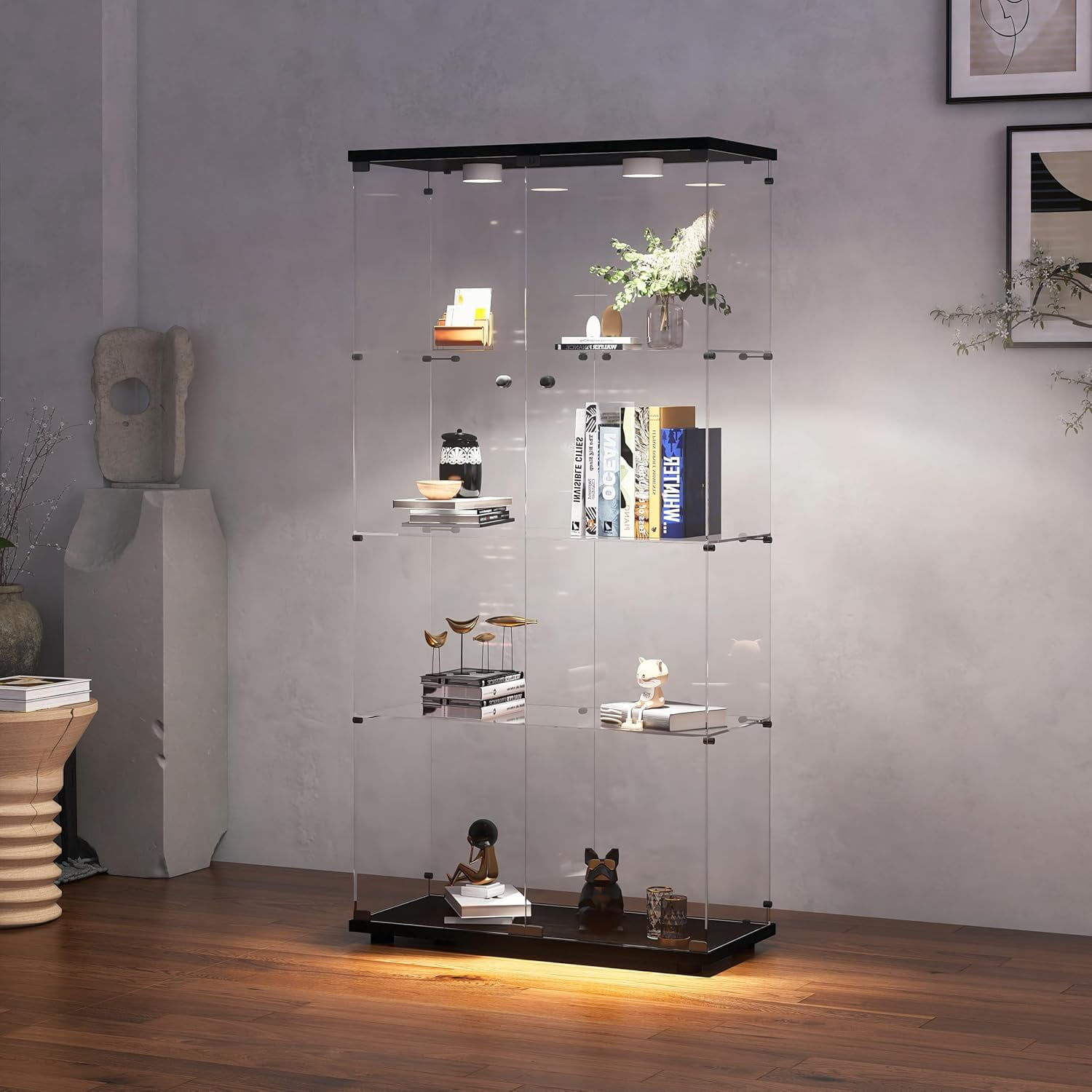 Modern 64.5'' Glass Display Cabinet in Clear with Lock and Lights ...