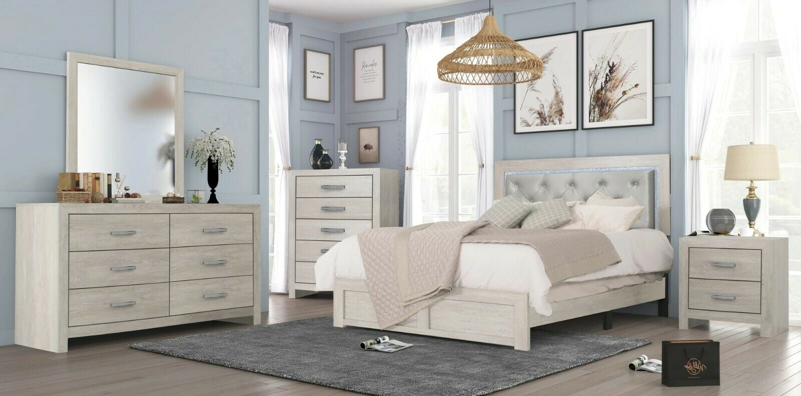 Modern Glam Style 6pc King Bedroom Suite with LED Headboard, Drawers ...