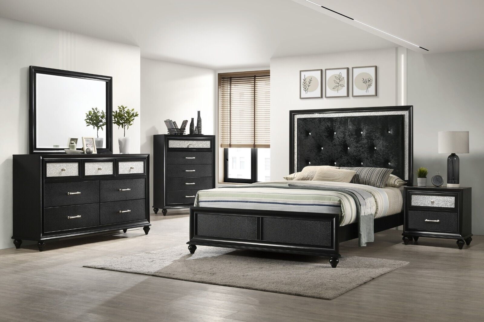 Modern 6pc Queen Size Bedroom Set Black Finish Upholstered Panel Bed ...