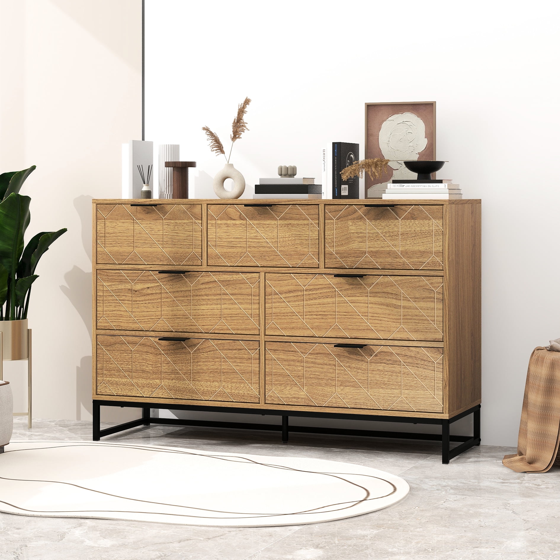 Modern 7 Dresser In Walnut - Spacious Storage And Stable Metal Foundation With Vintage Style ...