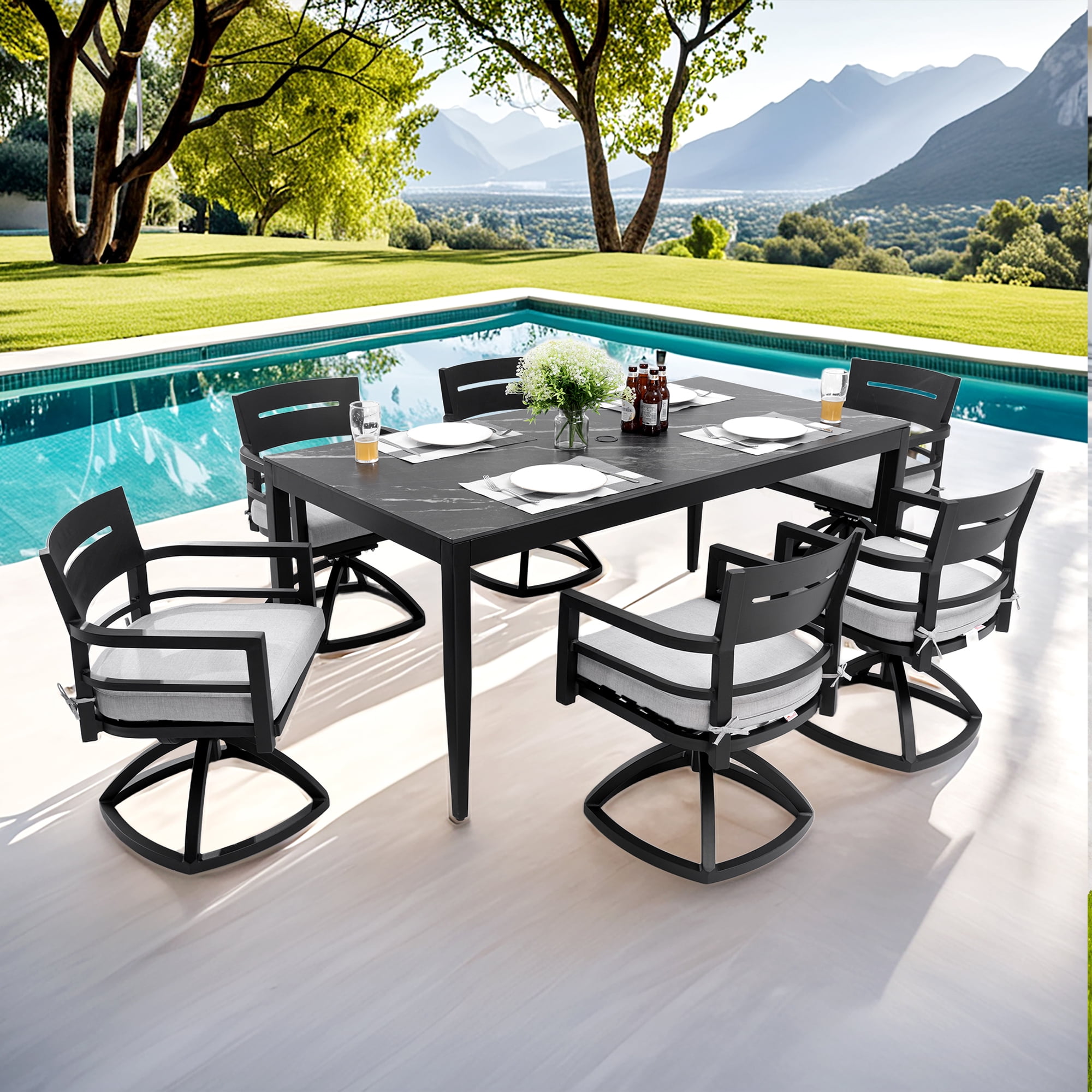 Modern 7-Piece Outdoor Patio Aluminum Dining Set, 35.5"x71" Rectangular Dining Table with Black ...
