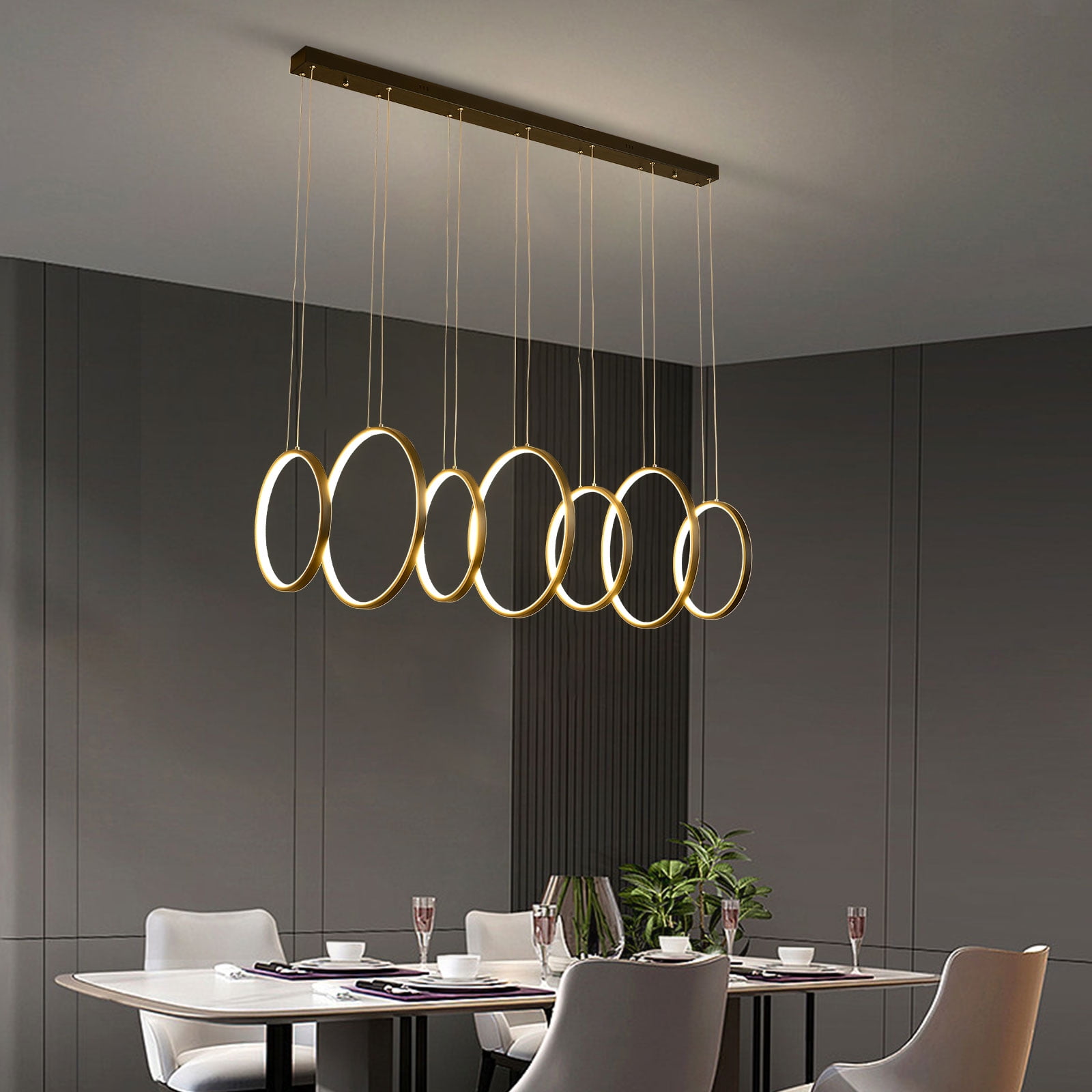 Modern 7-Rings Dimmable Circular LED Island Chandelier, Black Kitchen Island Pendant ...