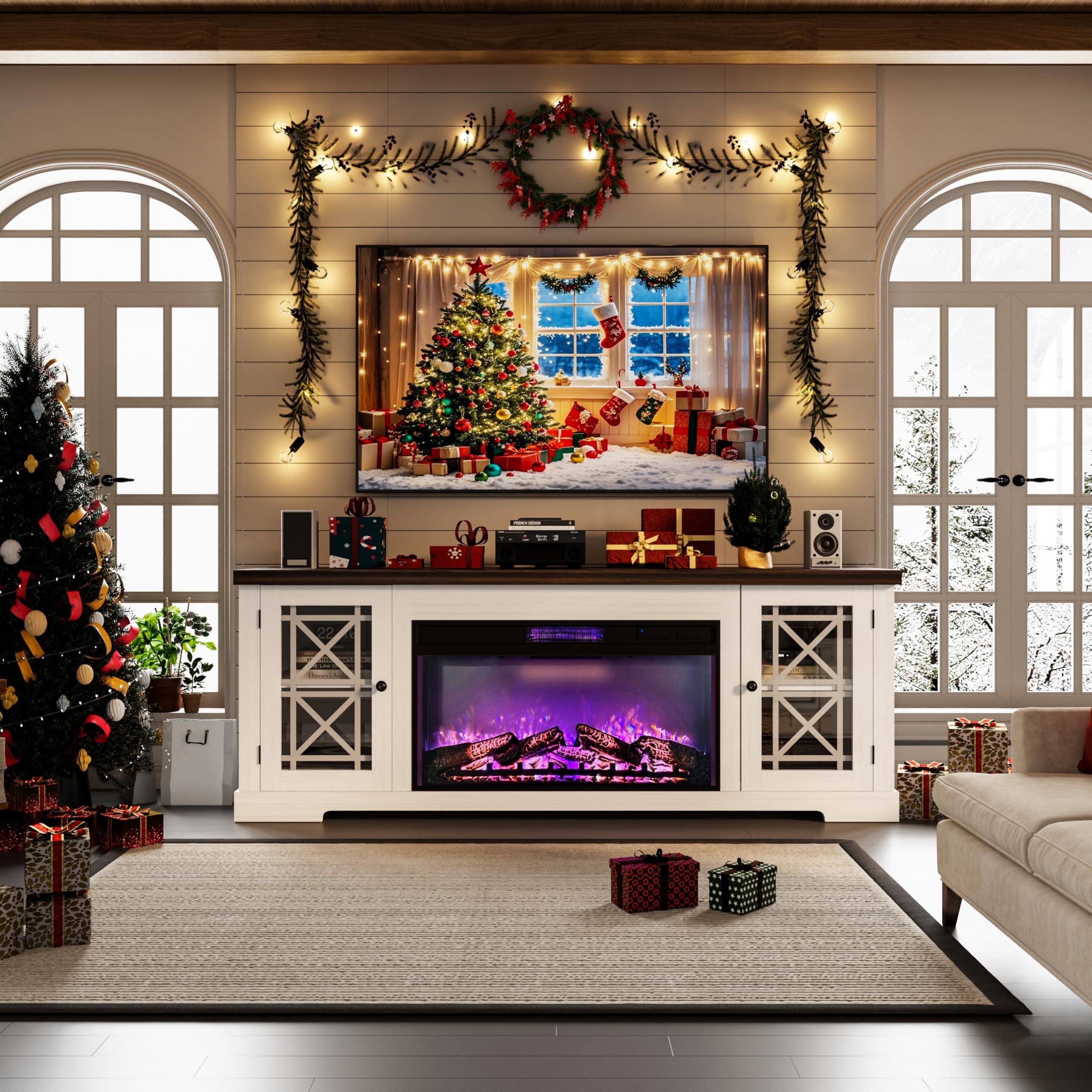 Modern 70" Fireplace TV Stand with 36" Fireplace – LED Flames – Storage ...