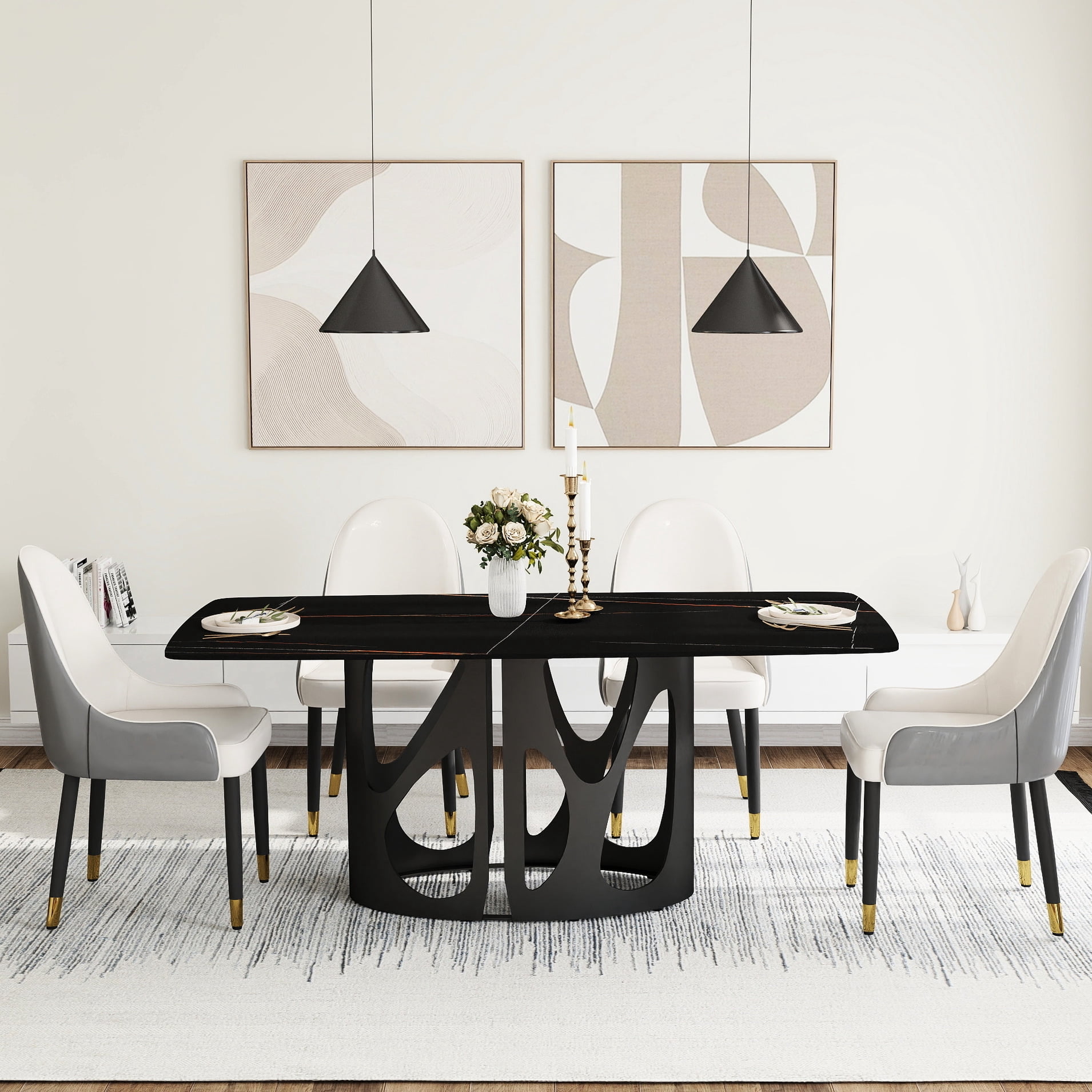 Modern 71.4" Black Sintered Stone Table With Metal Legs For 6 - 8 Seats ...