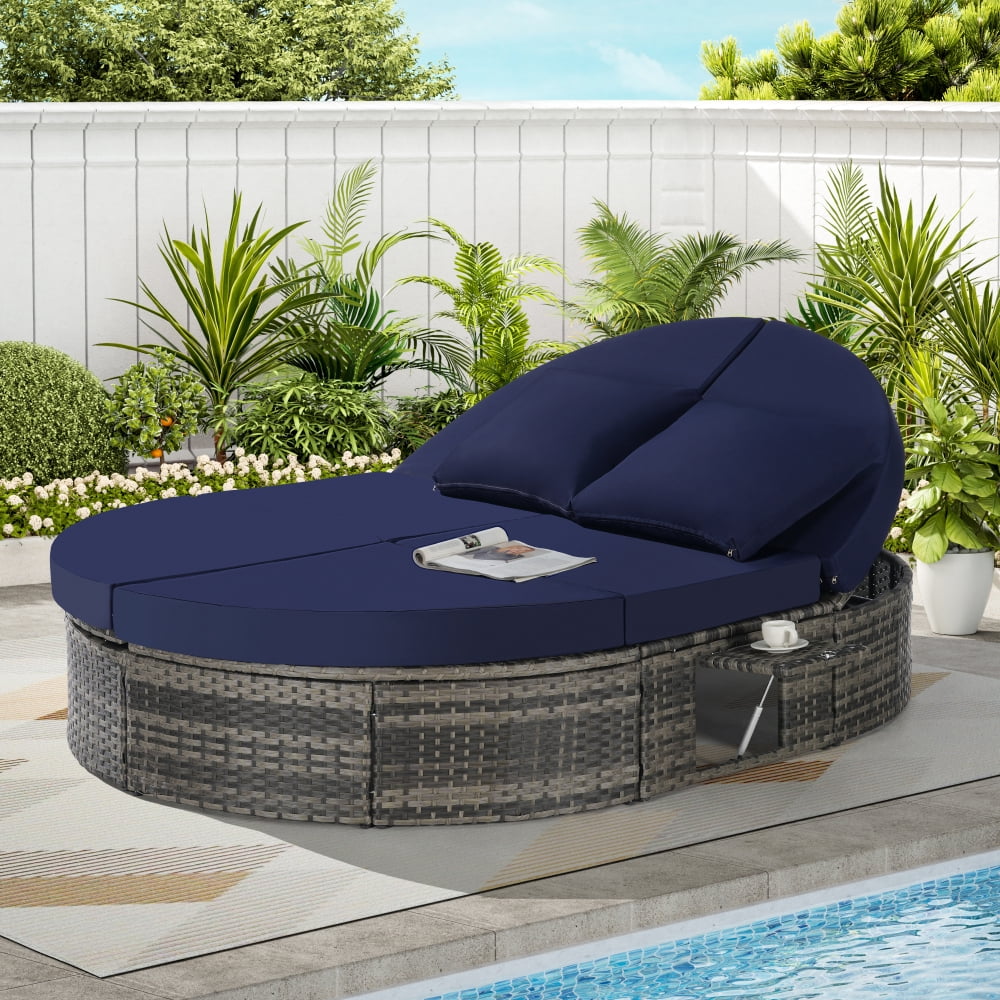 Modern 78" Outdoor Round Rattan Daybed with Adjustable Backrests ...