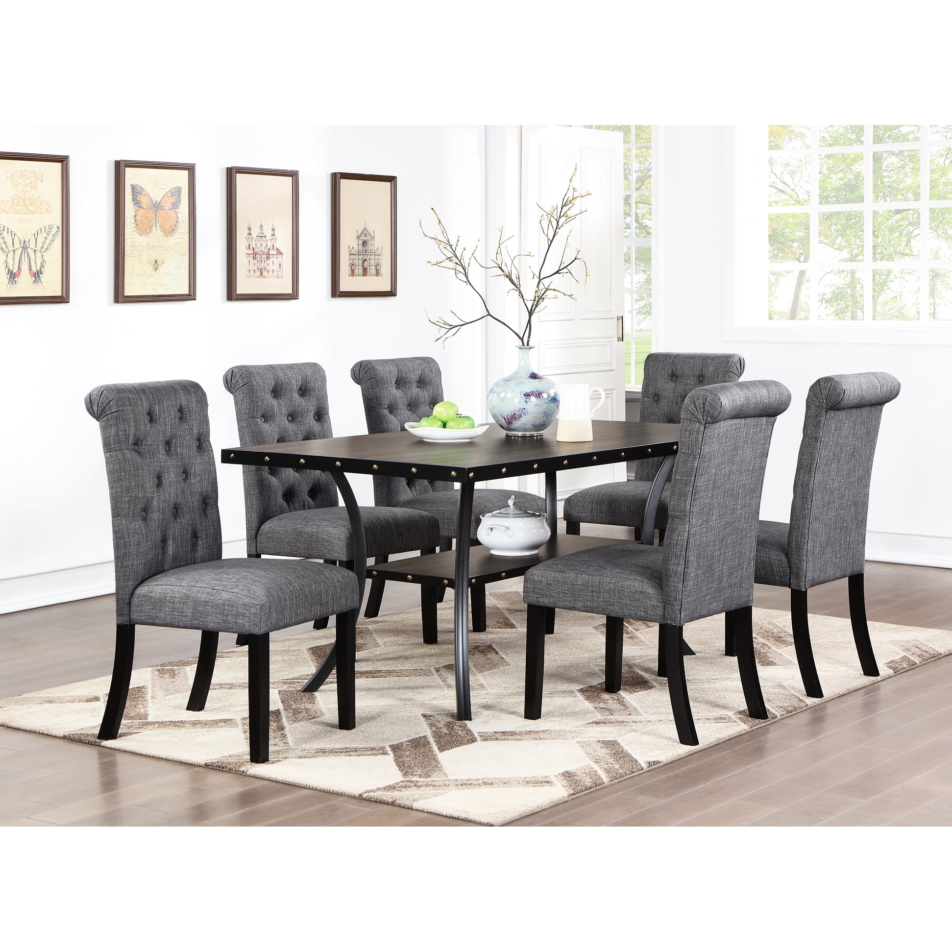 Modern 7pc Dining Arrangement With Rectangular Wooden Table, 6 Charcoal ...
