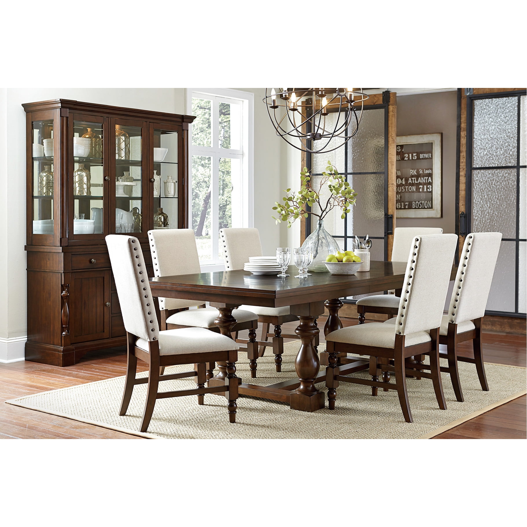 Modern 7pc Dining : Extendable Dark Oak Table & 6 Textured Cream ...