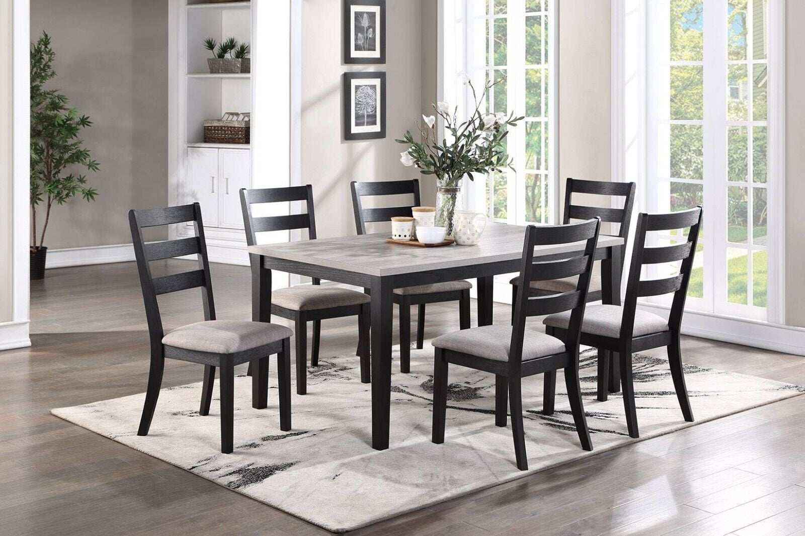 Modern 7pc Dining Set Oak Veneer Two Tone Dining Table And 6x Chairs ...