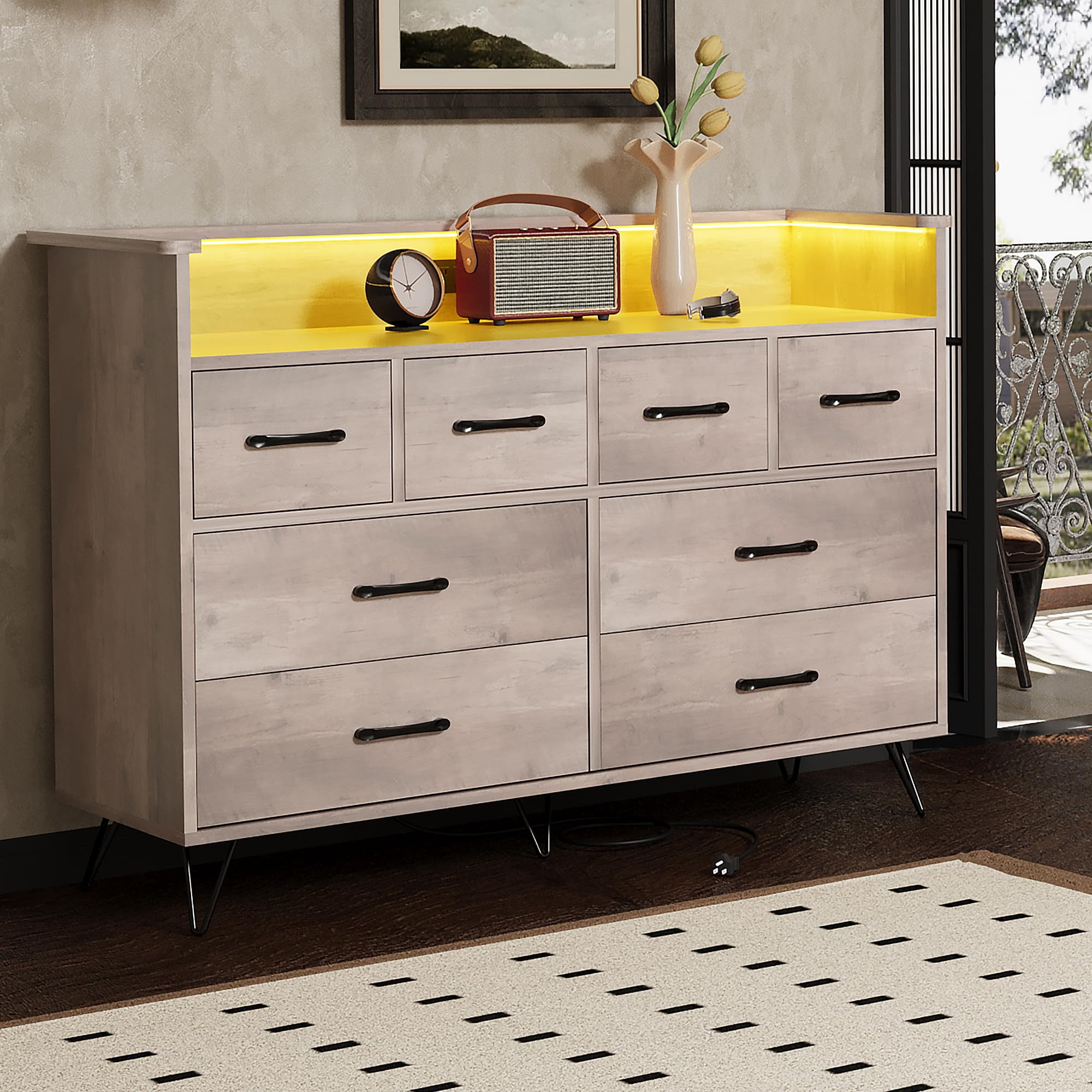 Modern 8-Drawer Dresser with Charging Station & RGB Lights | Wide ...