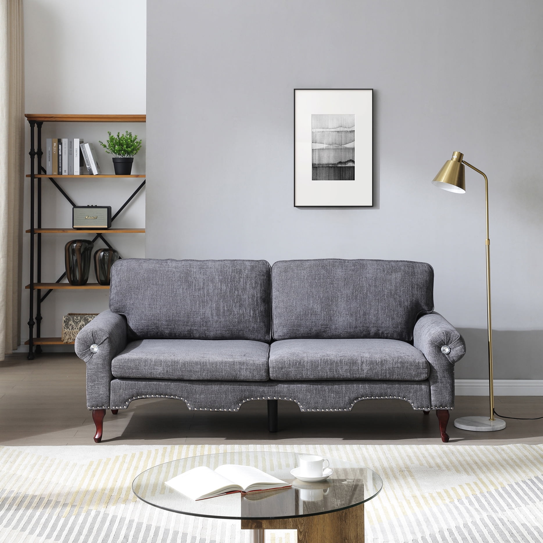 Modern 80-inch 3 Seat Grey Velvet Couch With Wooden Legs & Crystal ...