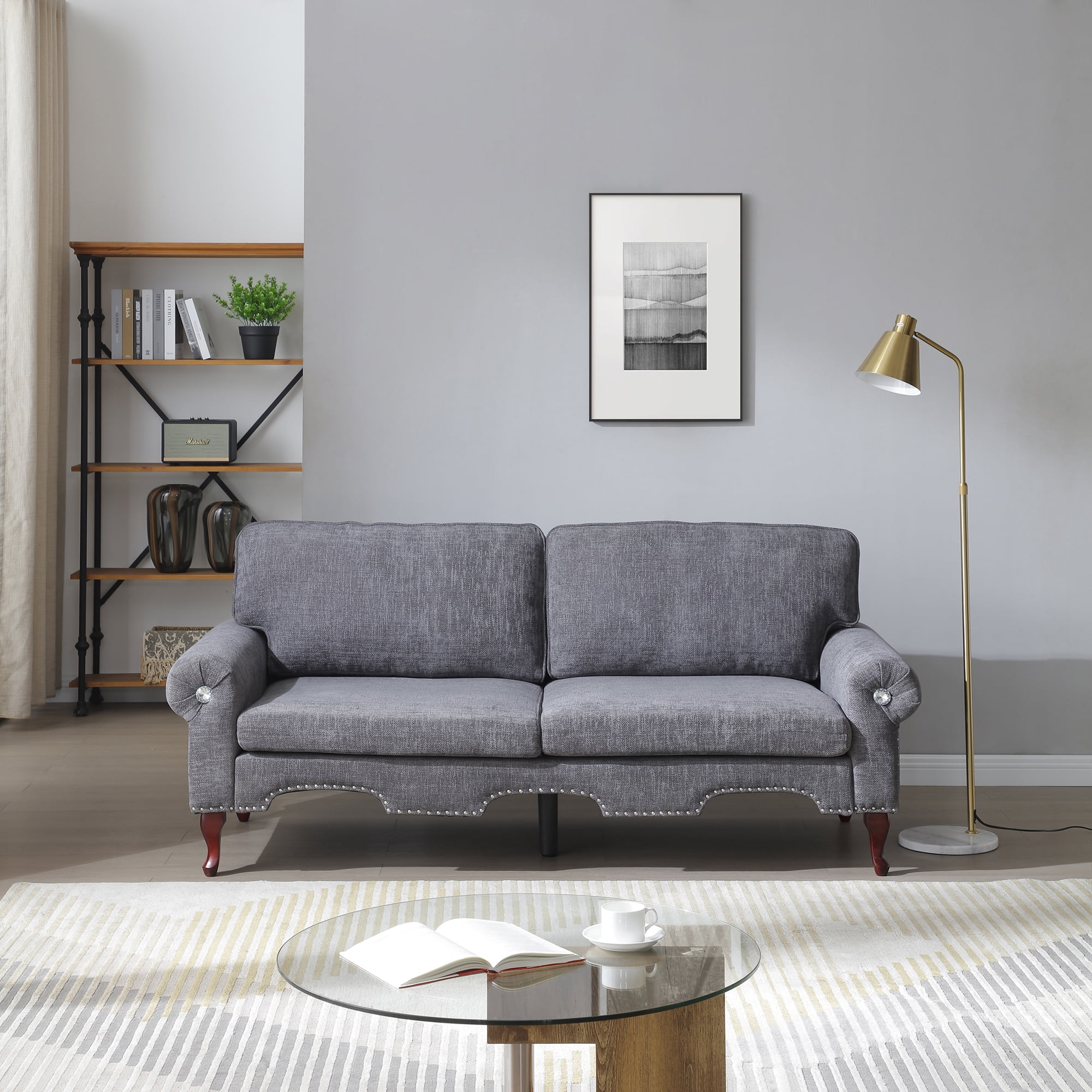 Modern 80-inch Sofa with Vintage Wooden Legs, Crystal Buttons and Nail ...