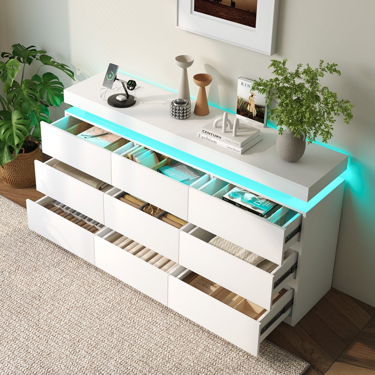 Modern 9-Drawer Dresser with Power Outlet - Storage Cabinet with LED ...