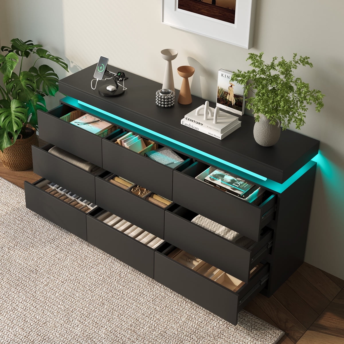 Modern 9-Drawer Dresser with Power Outlet - Storage Cabinet with LED ...