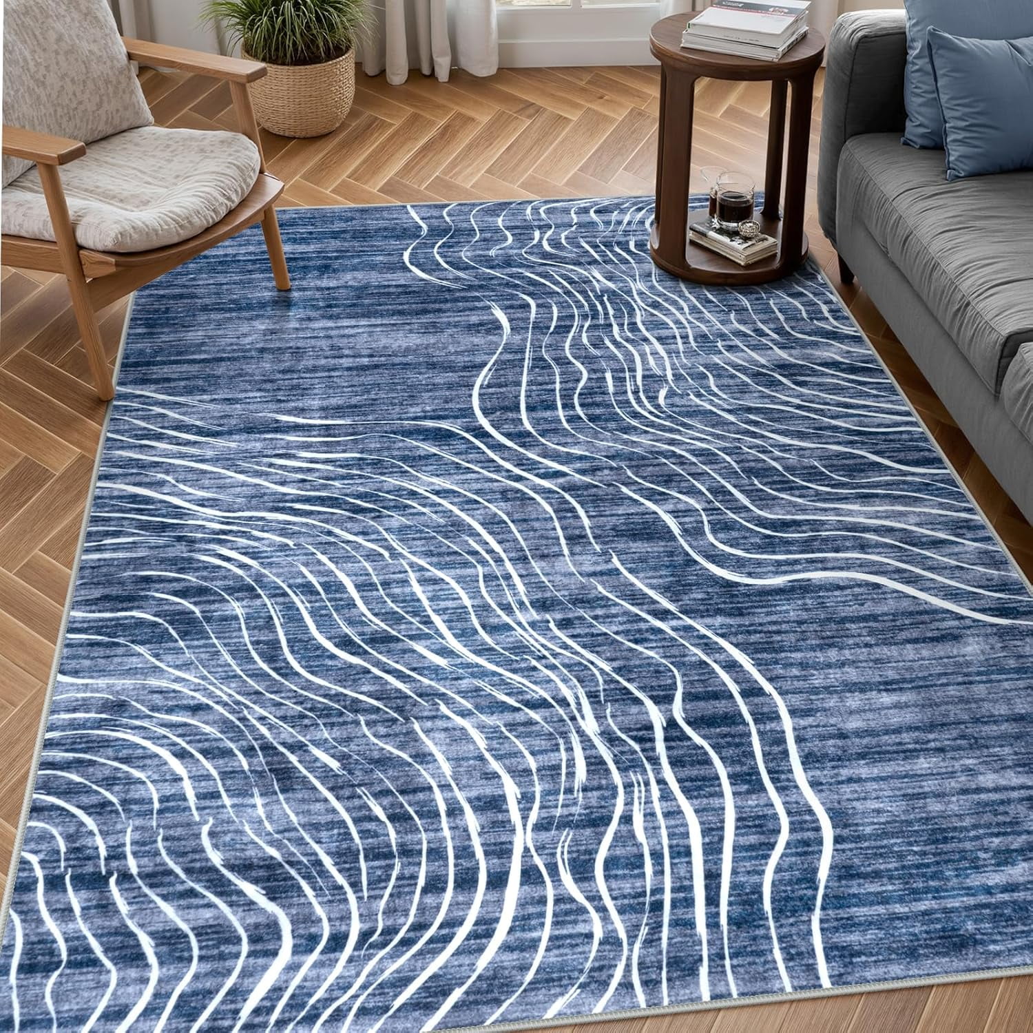 Modern Abstract 5x7 Area Rugs for Living Room, Navy Blue Washable Rugs ...