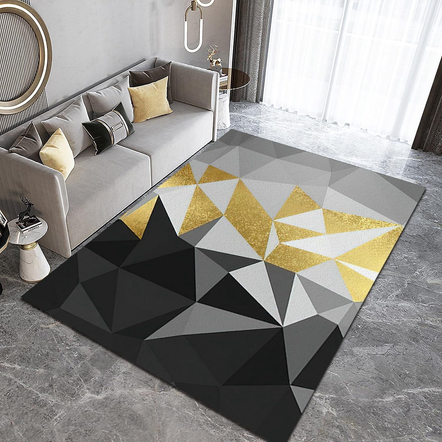 Modern Abstract Area Rugs, Black Gold Stereo Geometry Pattern Floor ...