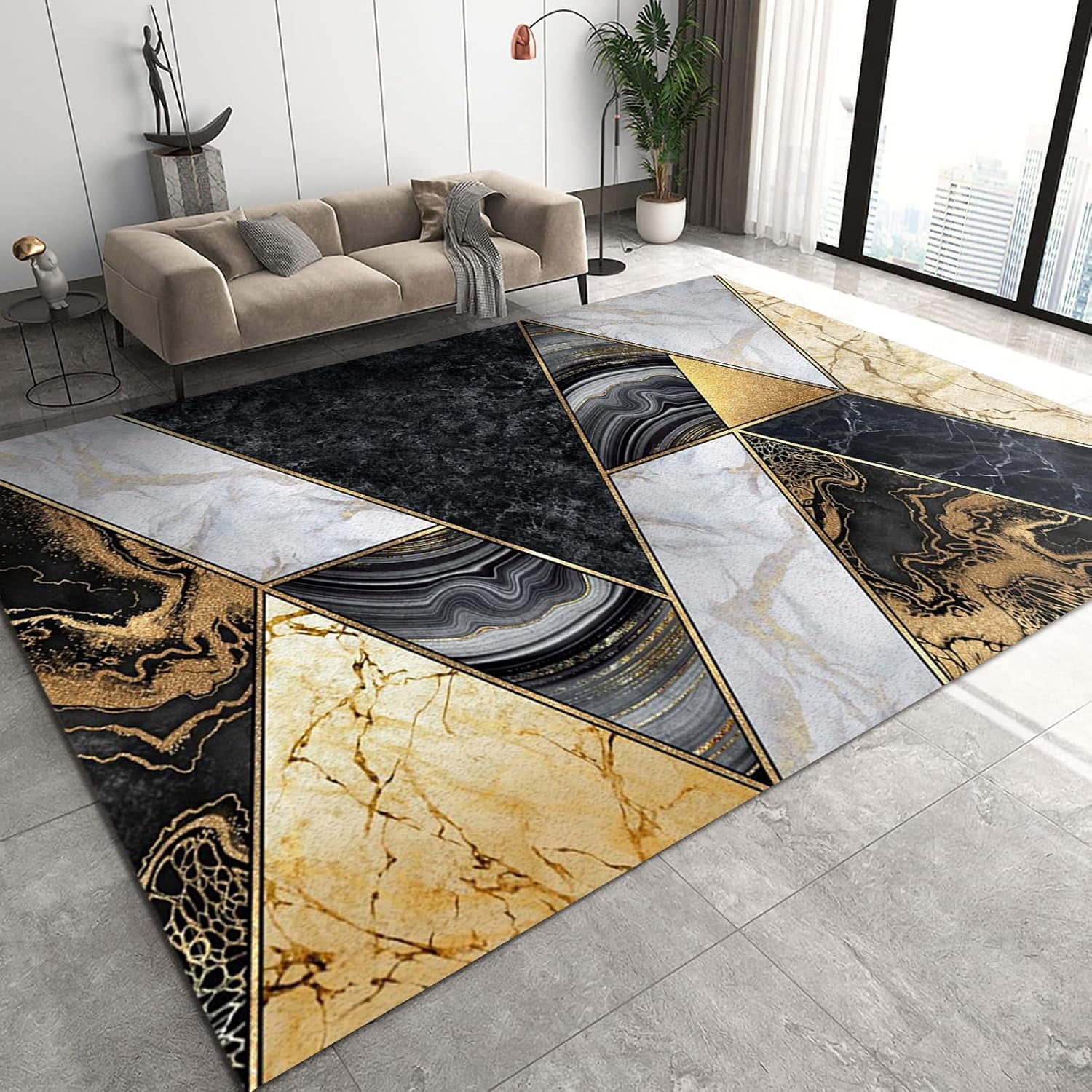 Modern Abstract Area Rugs, Golden Black Geometric Irregular Marble ...