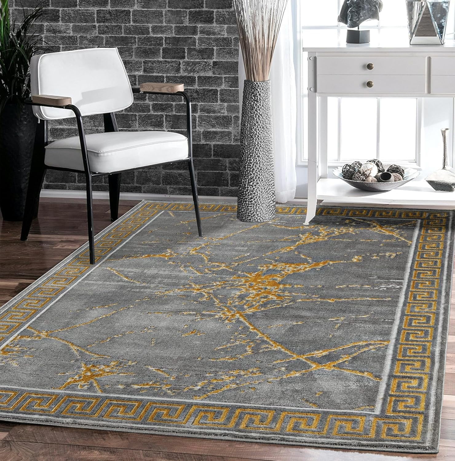 Modern Abstract Area Rugs with Marble Design 4x5 Grey Gold Carpet for ...