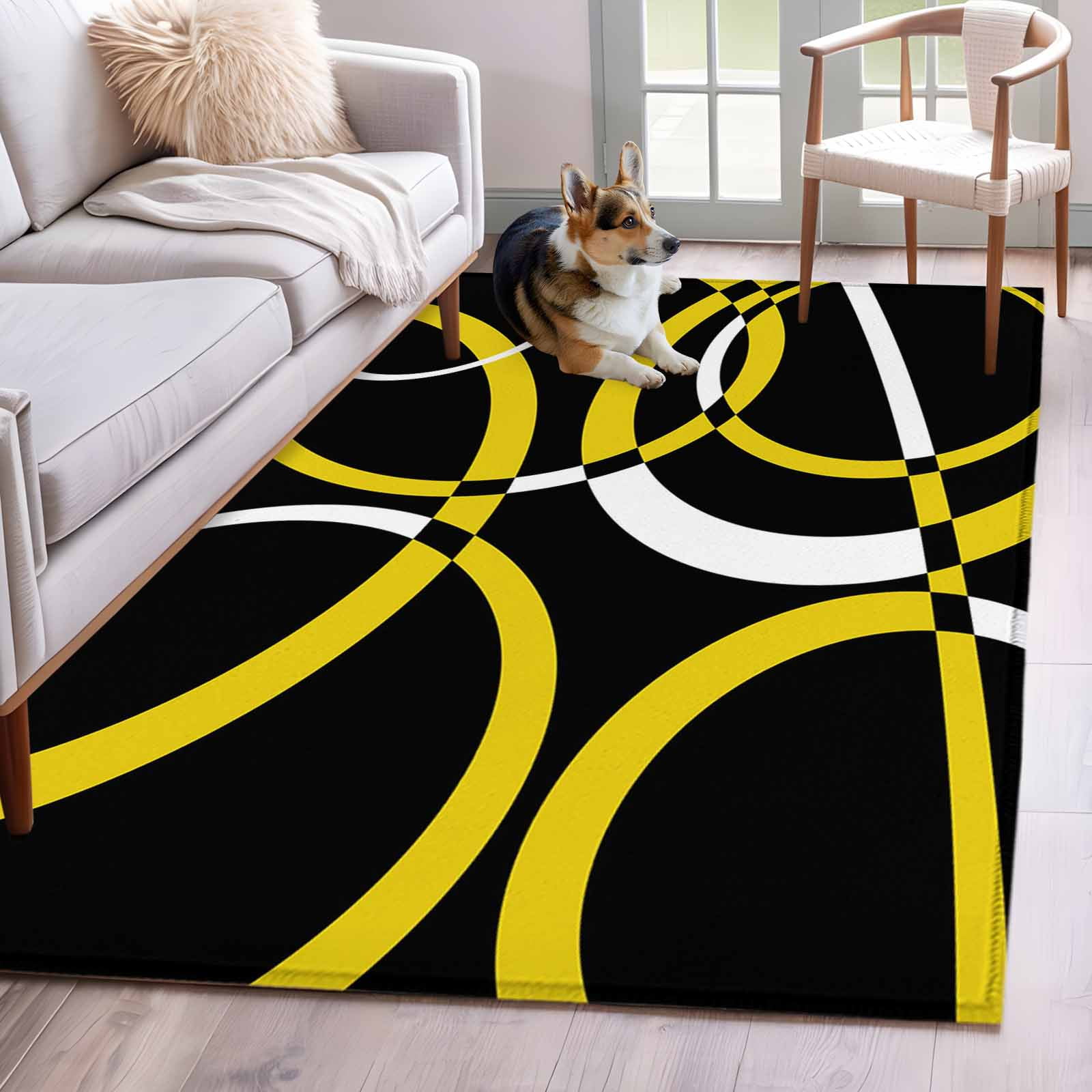 Modern Abstract Art Area Rugs 4x6 ft Yellow White Geometric Circle ...