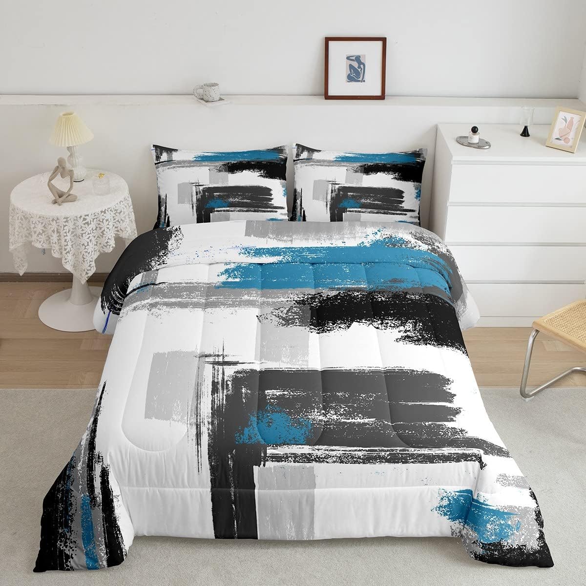 Modern Abstract Art Comforter Set with White Grey Blue Pattern for Boys ...