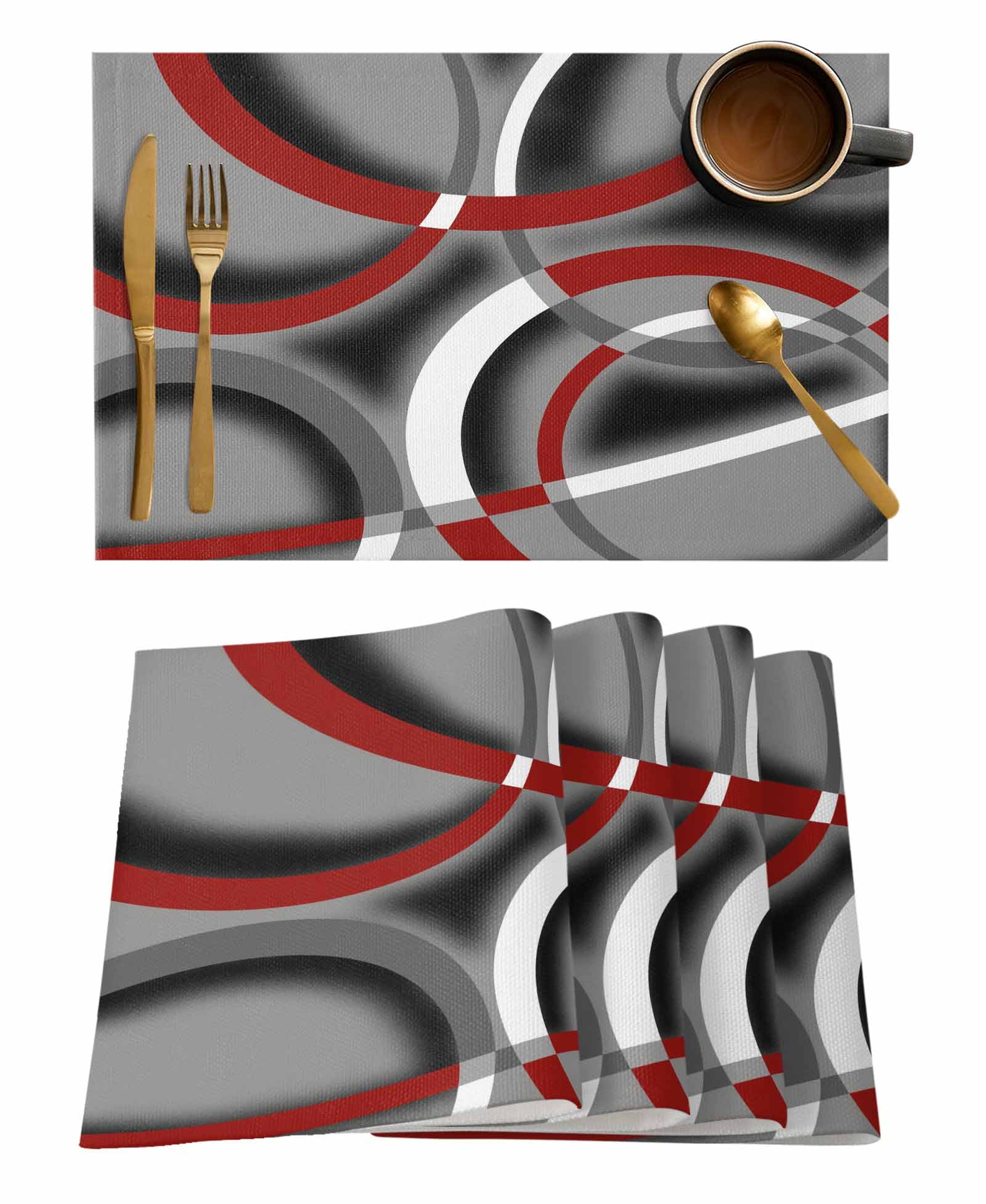 Modern Abstract Art Placemats Set of 8 Geometric Circle Red Grey Heat ...