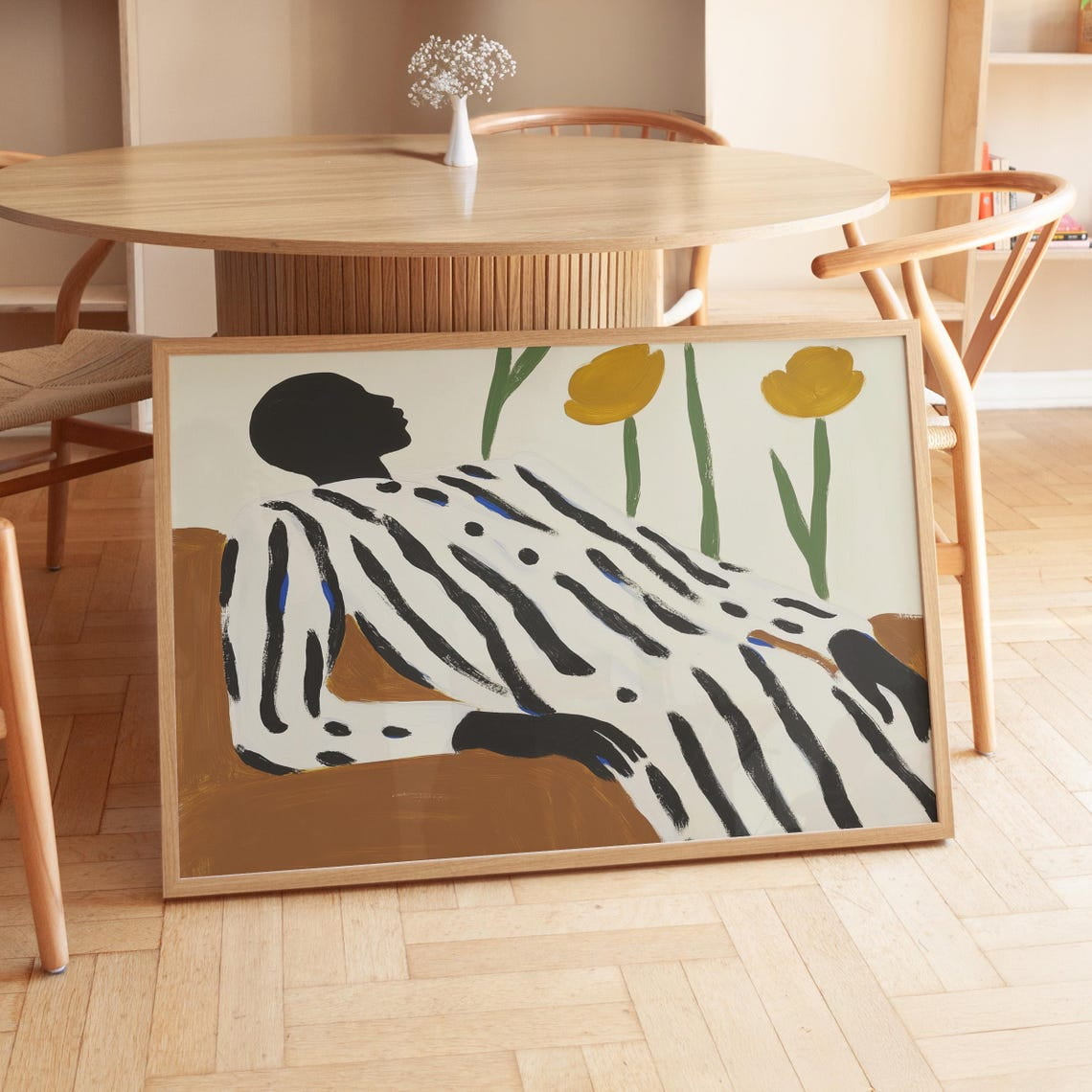 Modern Abstract Art Print, Reclining Figure Black And White Stripes ...