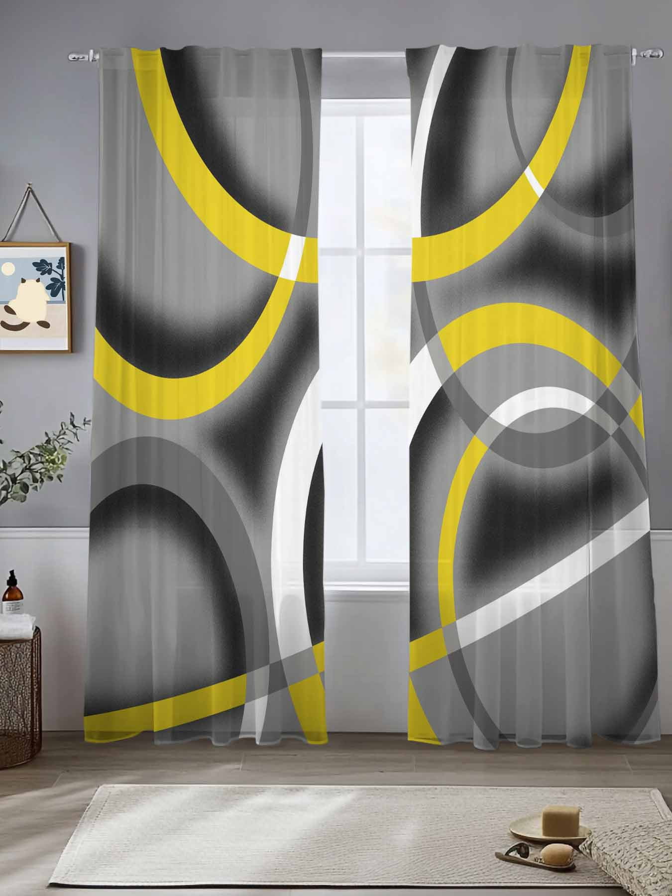 Modern Abstract Art Sheer Curtains 96 Inches Long 2 Panels Yellow Grey ...