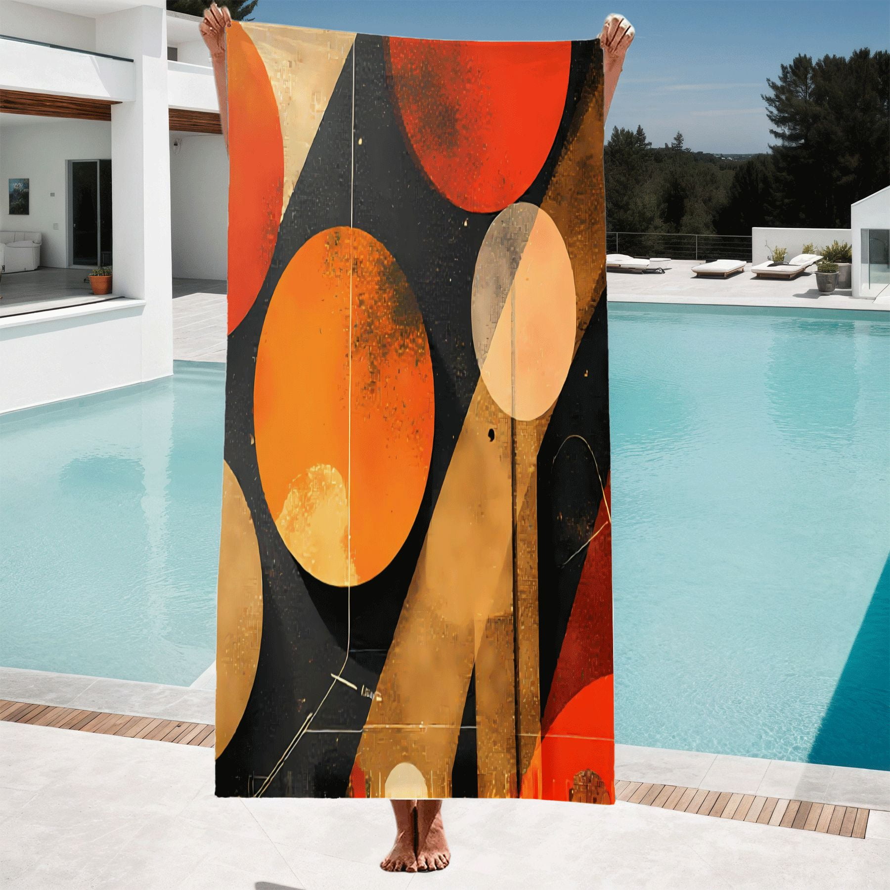 Modern Abstract Beach Towel - Dynamic Overlapping Shapes in Orange Red ...