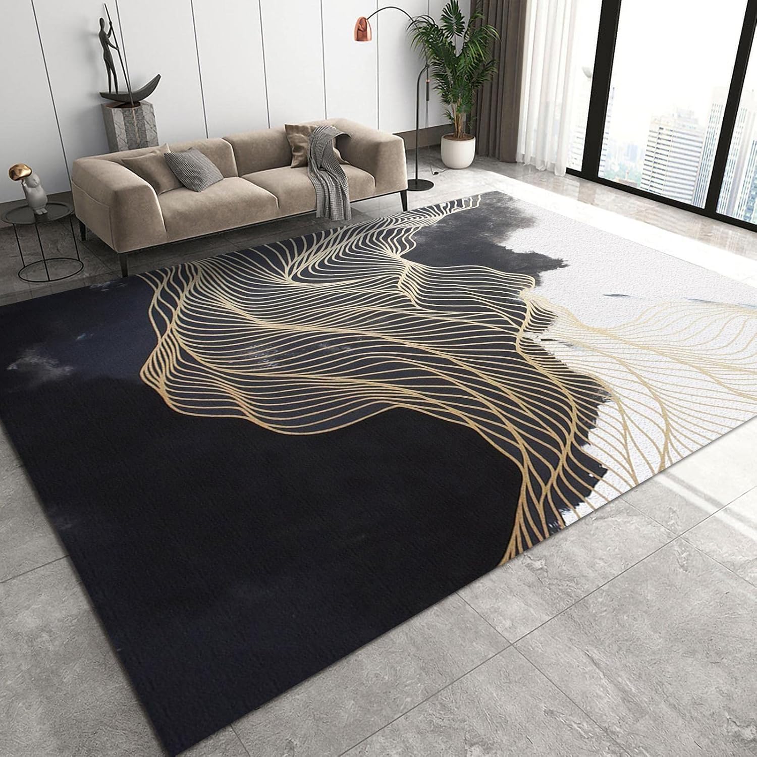 Modern Abstract Black And Beige Gold Lines Area Rug, Stylish Art Marble ...