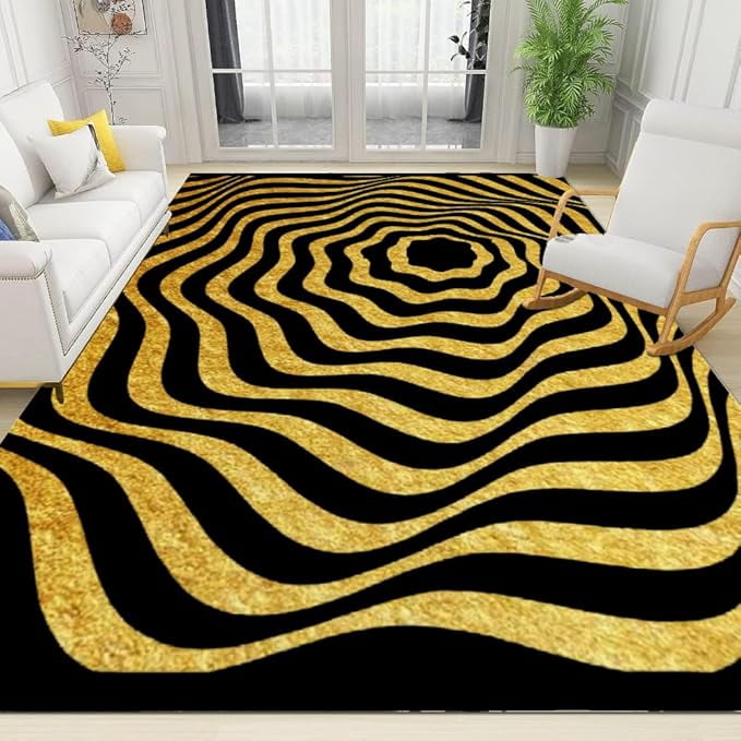 Modern Abstract Black And Gold Waves Washable Rug, 3D Optical Illusion ...