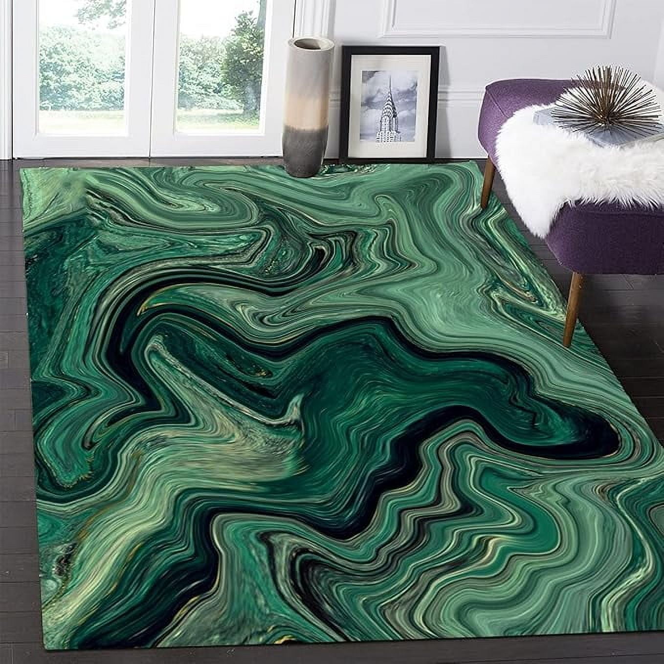 Modern Abstract Black Green Marble Swirl Area Rug For Living Room ...