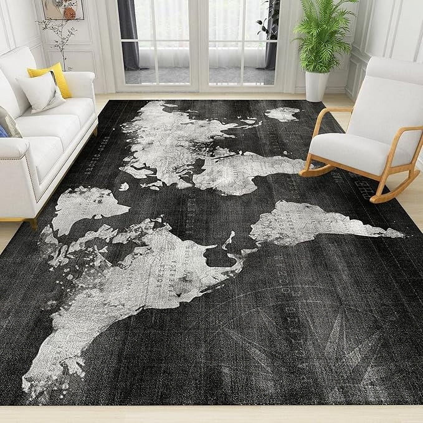 Modern Abstract Black White World Map Area Rug, Easy Clean Carpet ...