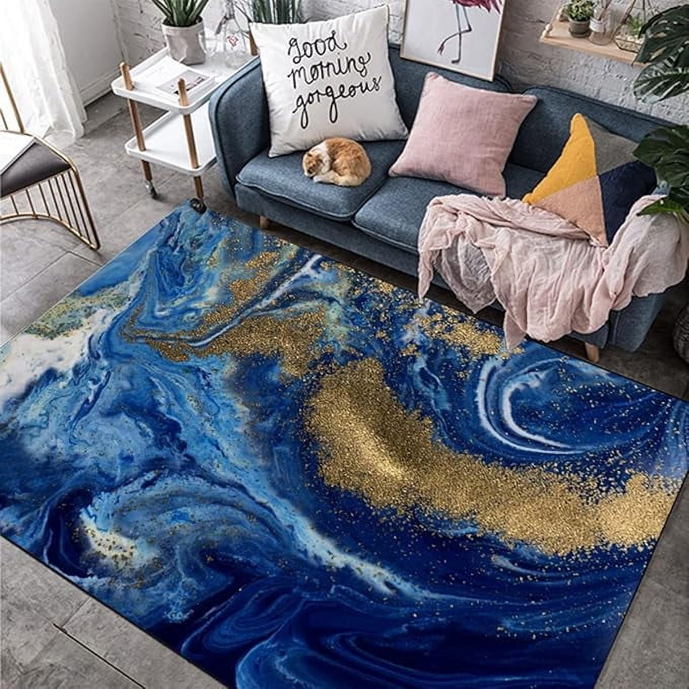 Modern Abstract Blue Gold Area Rug For Living Room Dining Room Bedroom ...