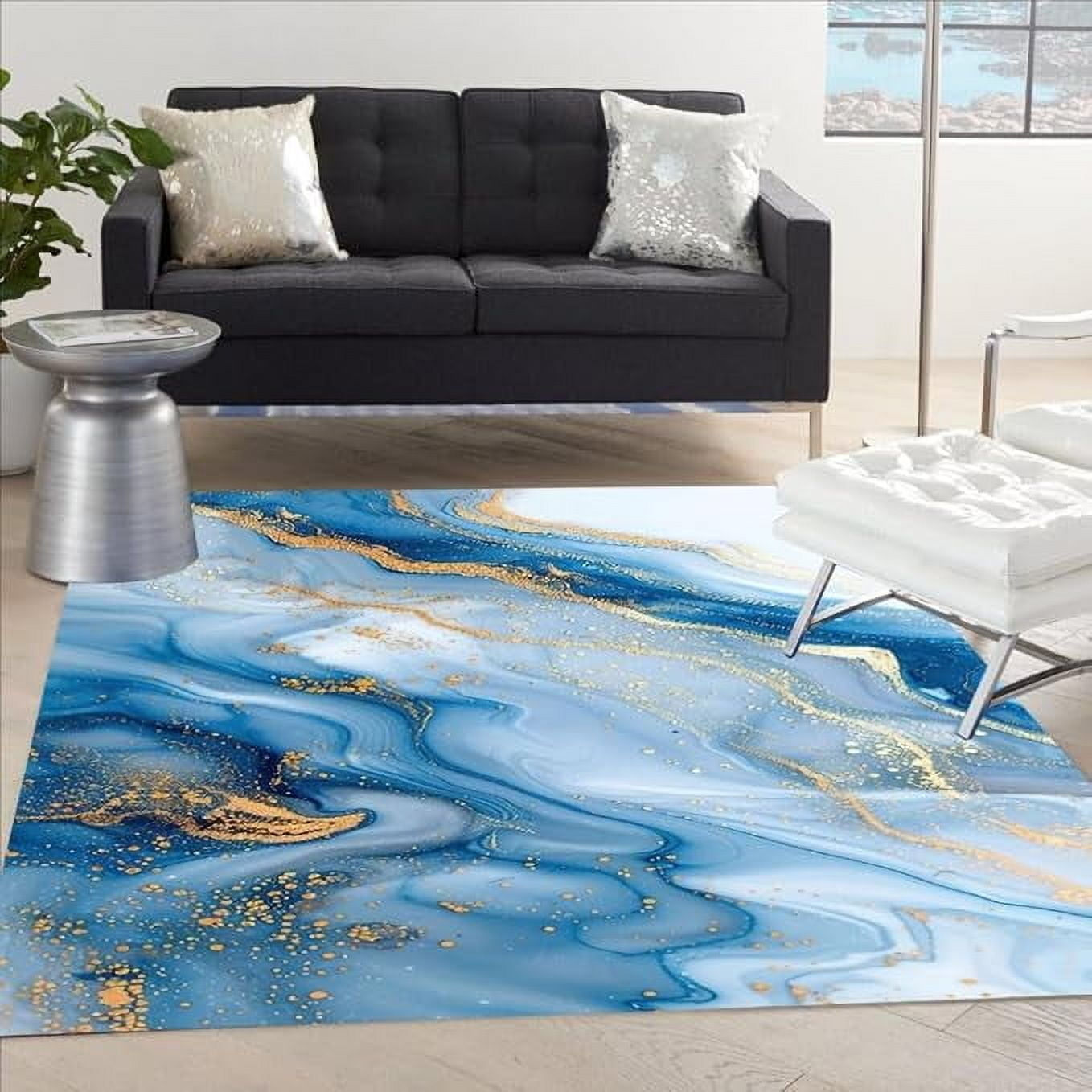 Modern Abstract Blue White Gold Marble Texture Area Rug For Living Room ...