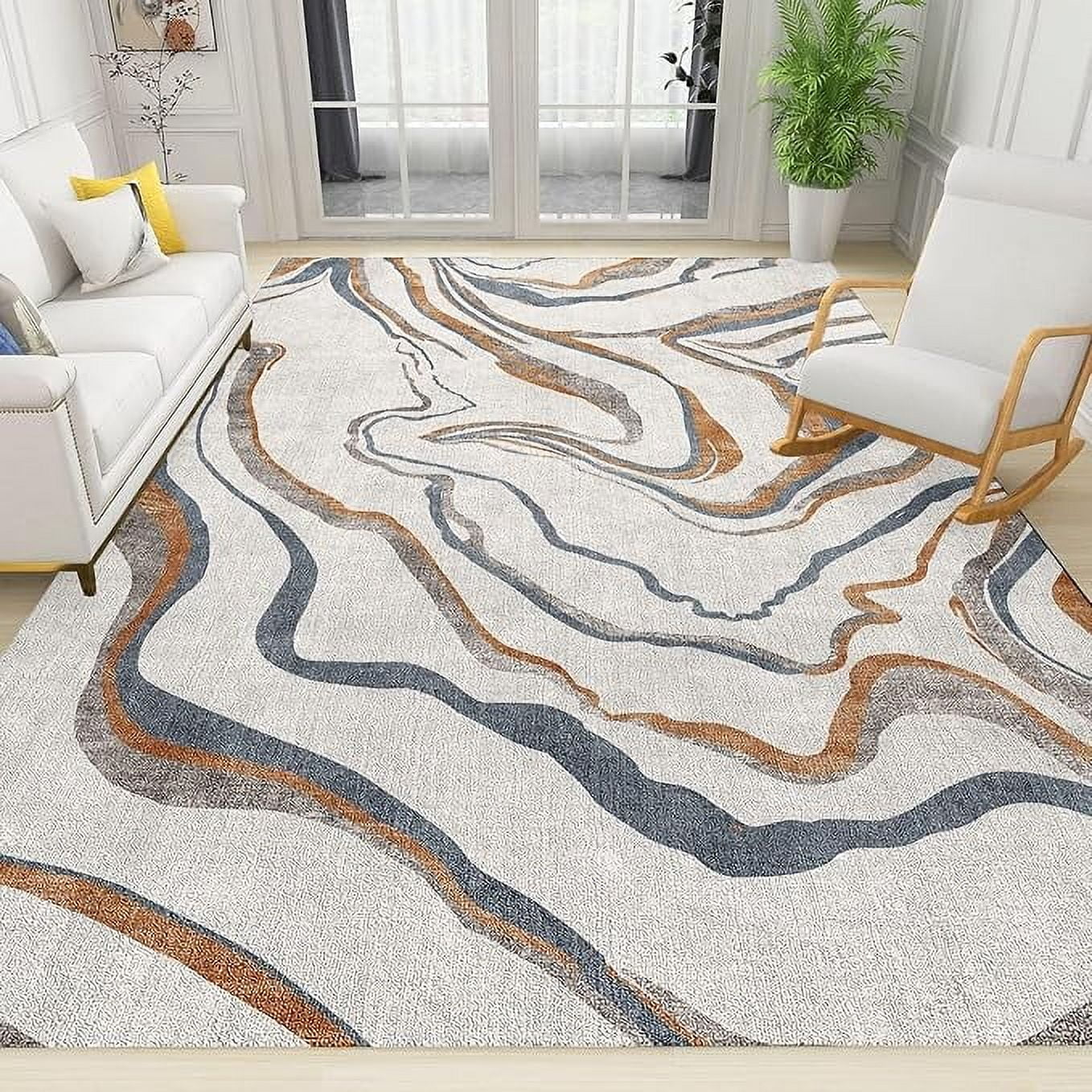 Modern Abstract Brown Blue Water Waves Area Rug, Distressed Retro ...