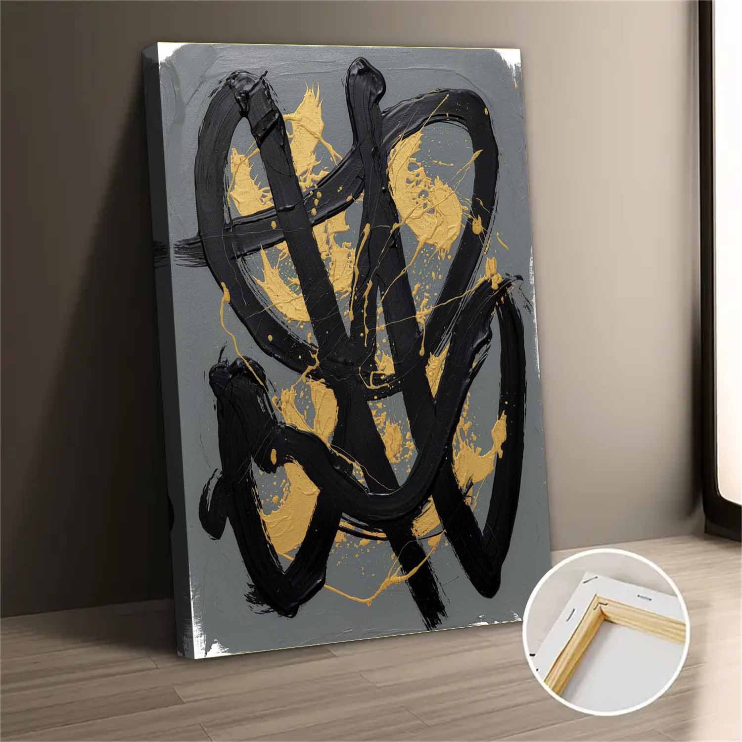 Modern Abstract Canvas Wall Art Gold Black Grey Print Paintings for ...