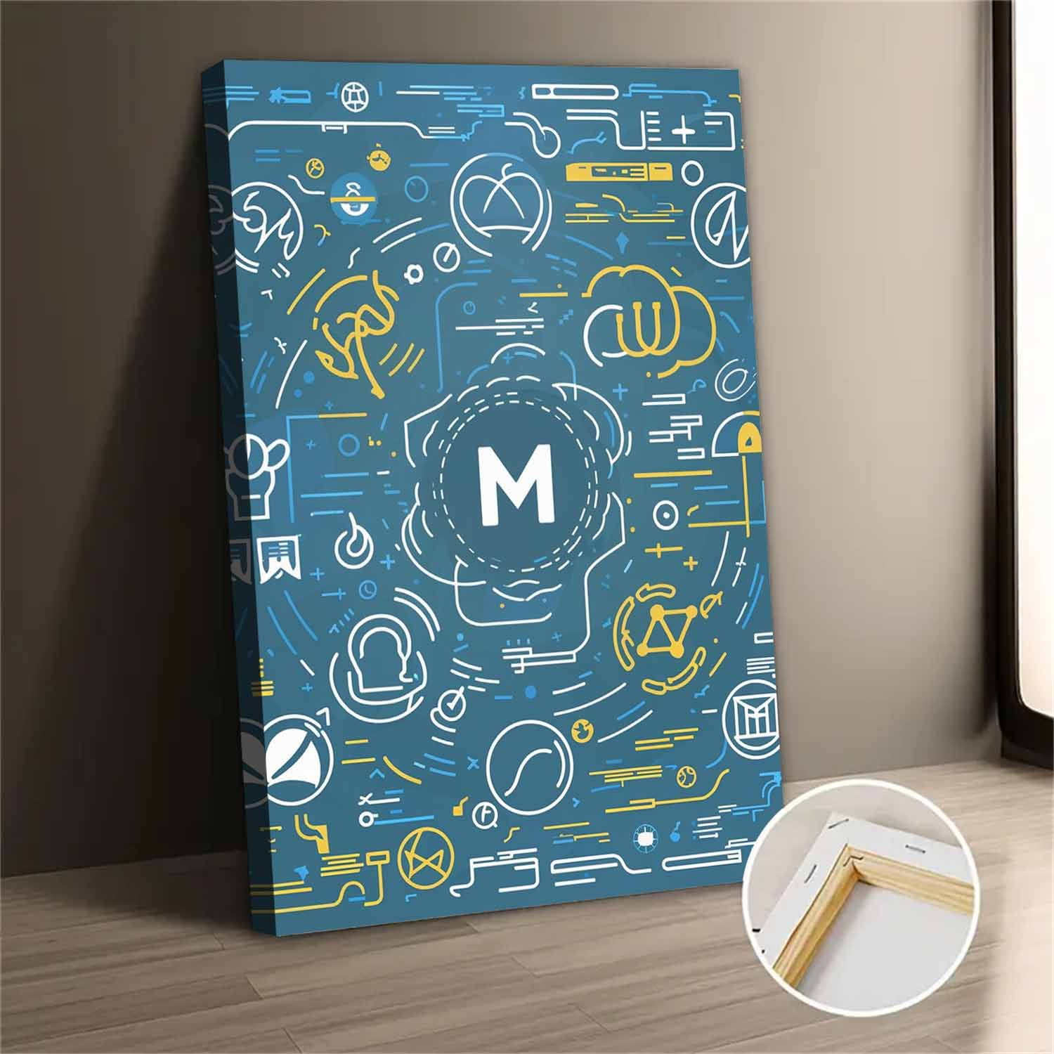 Modern Abstract Canvas Wall Art Print With Geometric Lines And Letter M ...