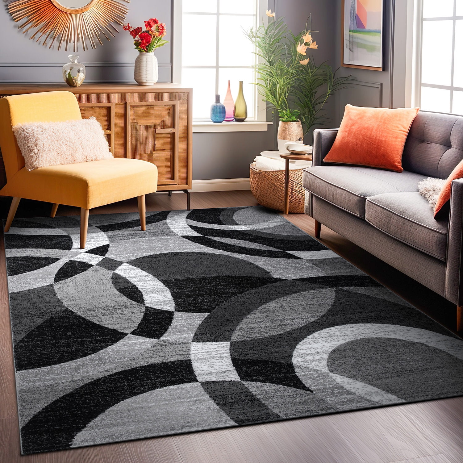 "Modern Abstract Circles Gray Indoor Area Rug, 7'10"" x 10 ...