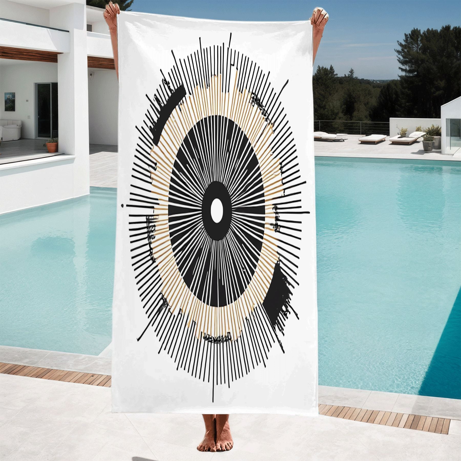 Modern Abstract Circular Design Bath Towel - Radiating Black & Yellow ...