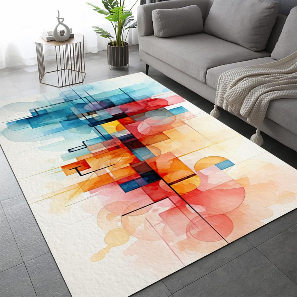 Modern Abstract Colorful Geometry Rugs For Bedroom, Low-Pile Fade ...